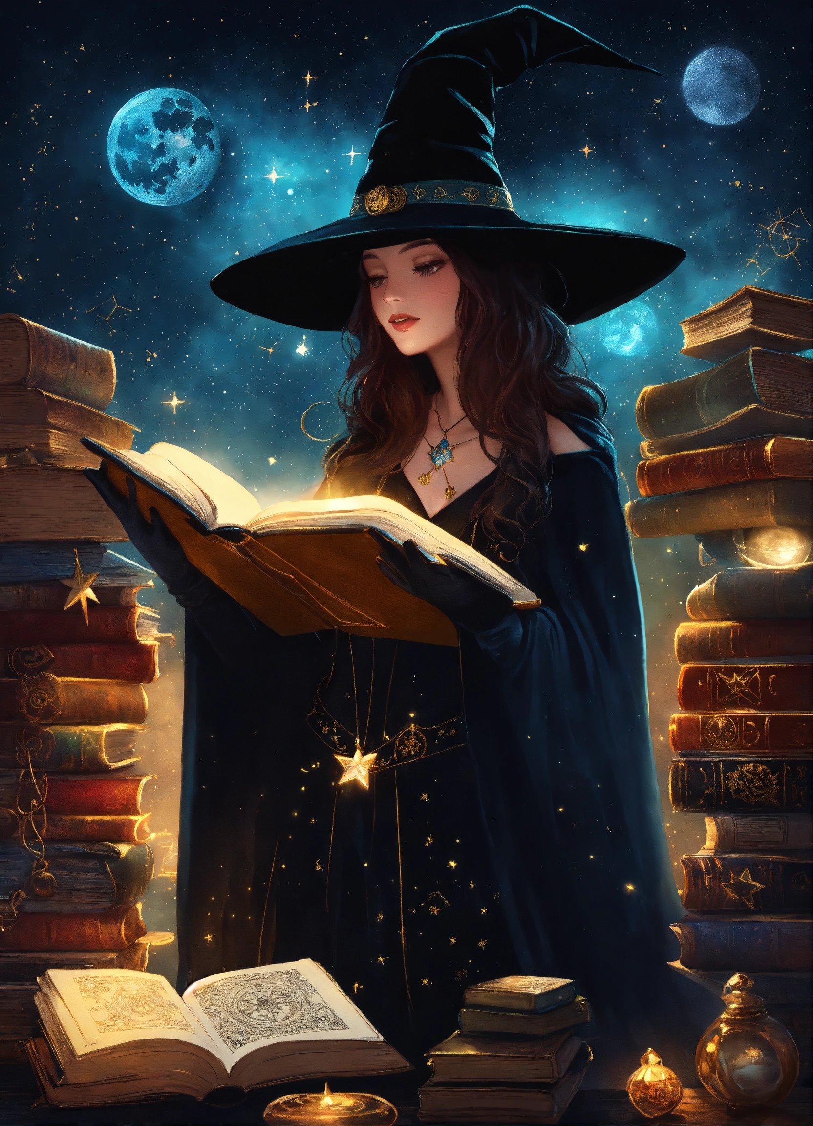 Lexica - Mysterious witch wearing a black hat and cloak, reading a ...