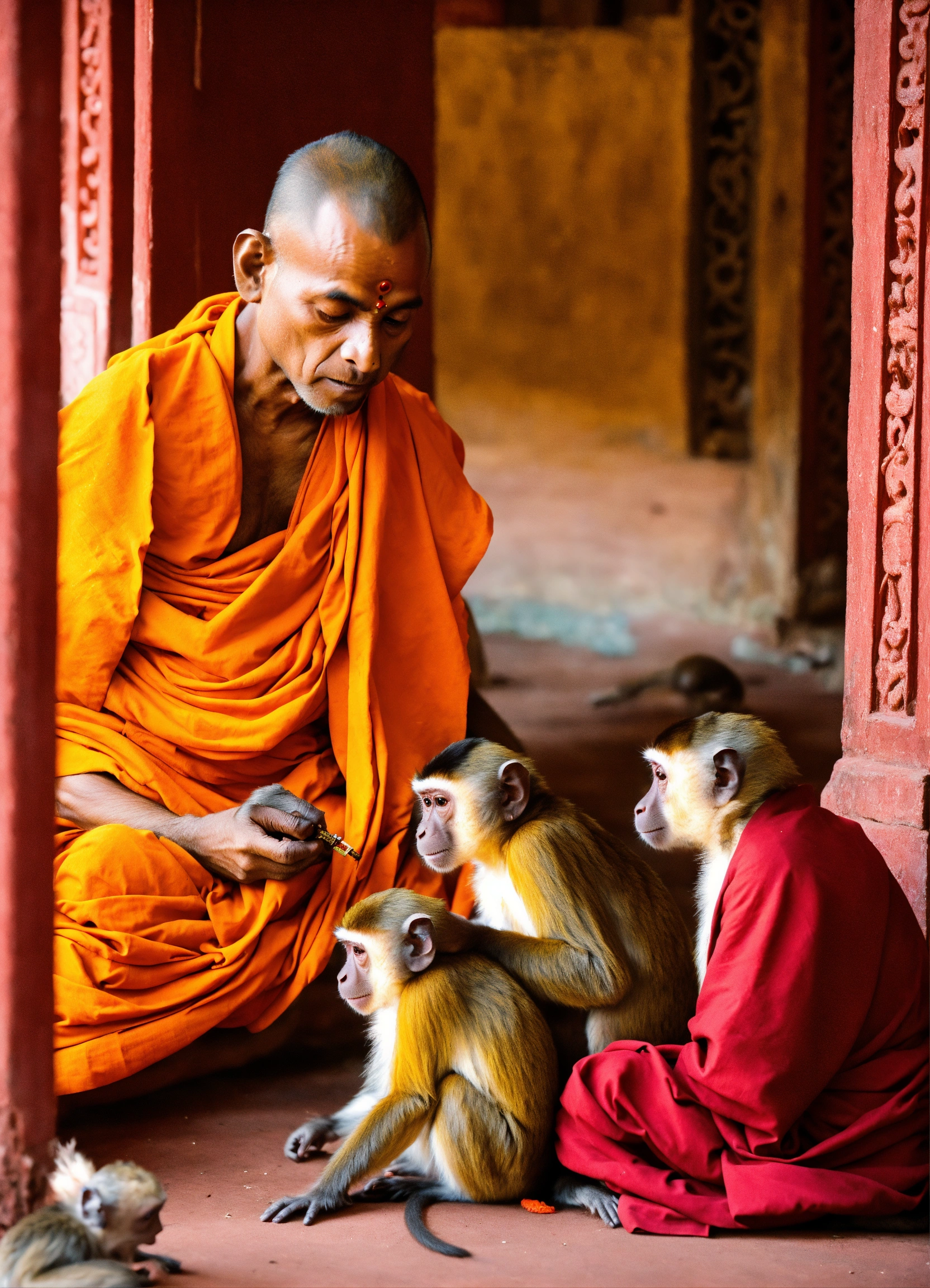 Lexica - Hindu monks taking care of monkeys in a harmonious and ...