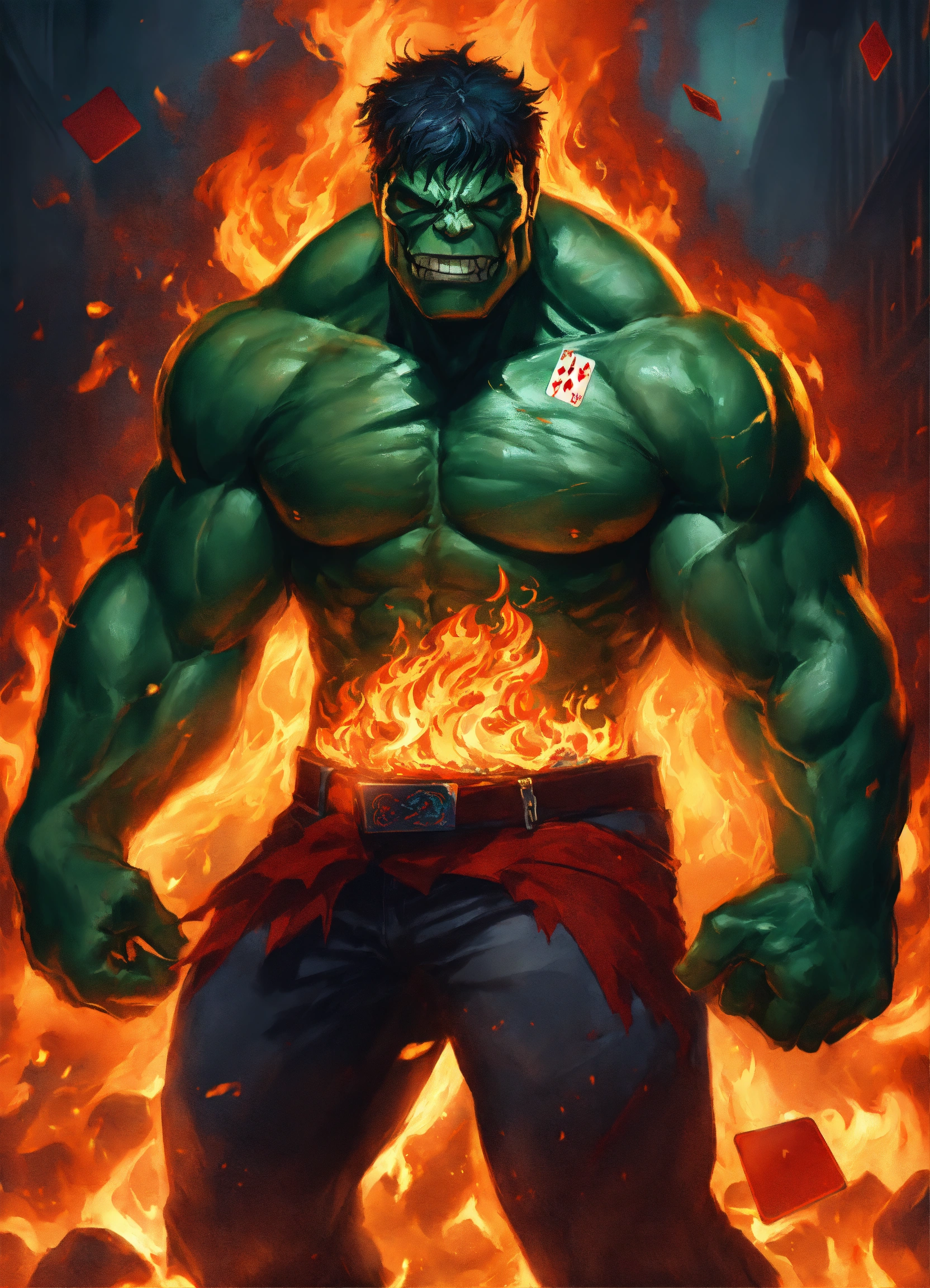 Lexica - A hulk with a skull face holding cards with flames in his ...