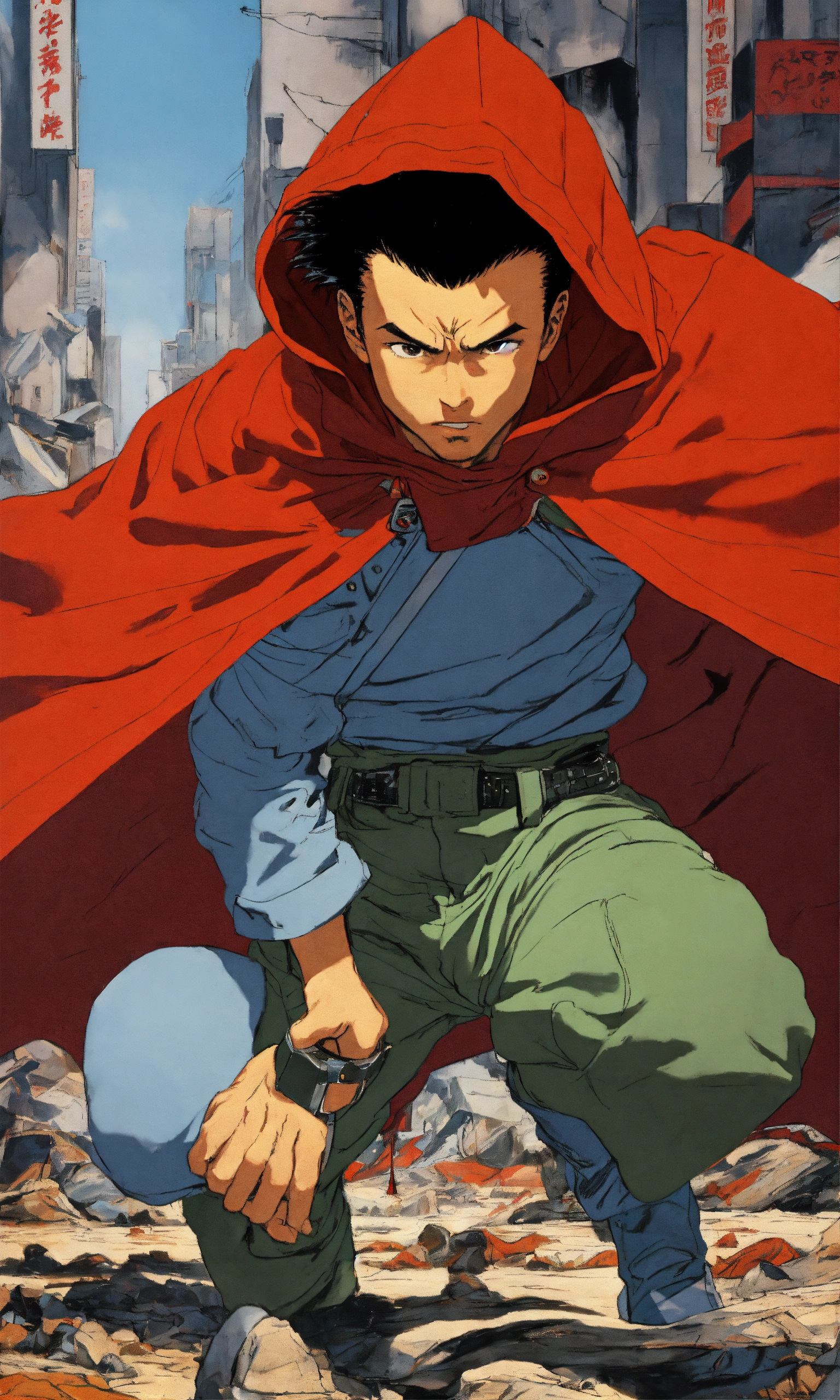 Lexica - Tetsuo, character from the movie Akira, in the foreground with the red cape and a ...
