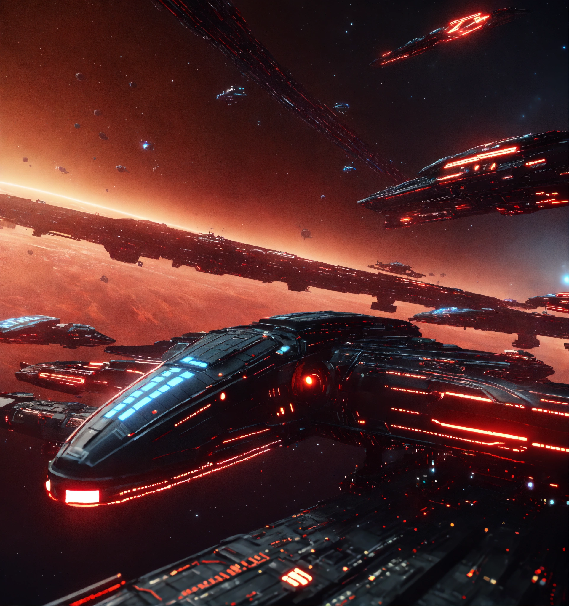 Lexica - Zoom out on fleet of long black organic worm like space ships ...