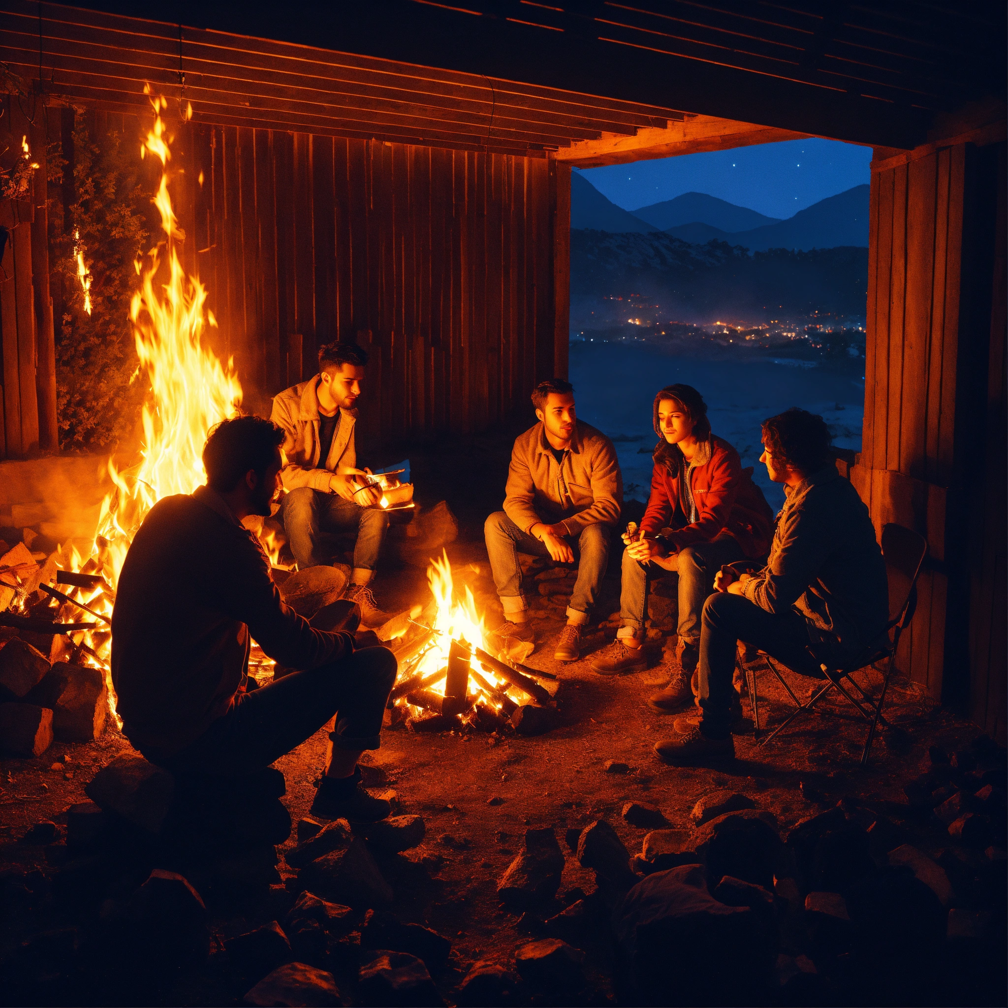 Lexica - Friends around warm campfire, professional in cubicle beyond ...