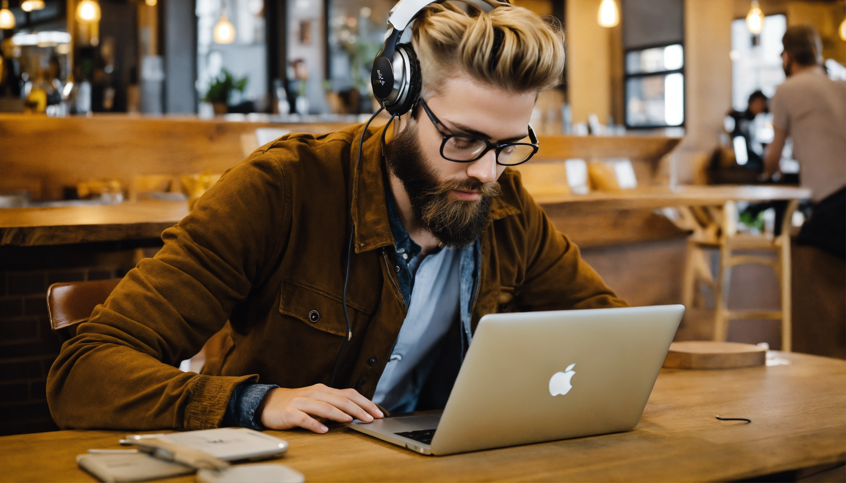 Lexica - Hipster, working in cafe, blond, on macbook, designer, headphones