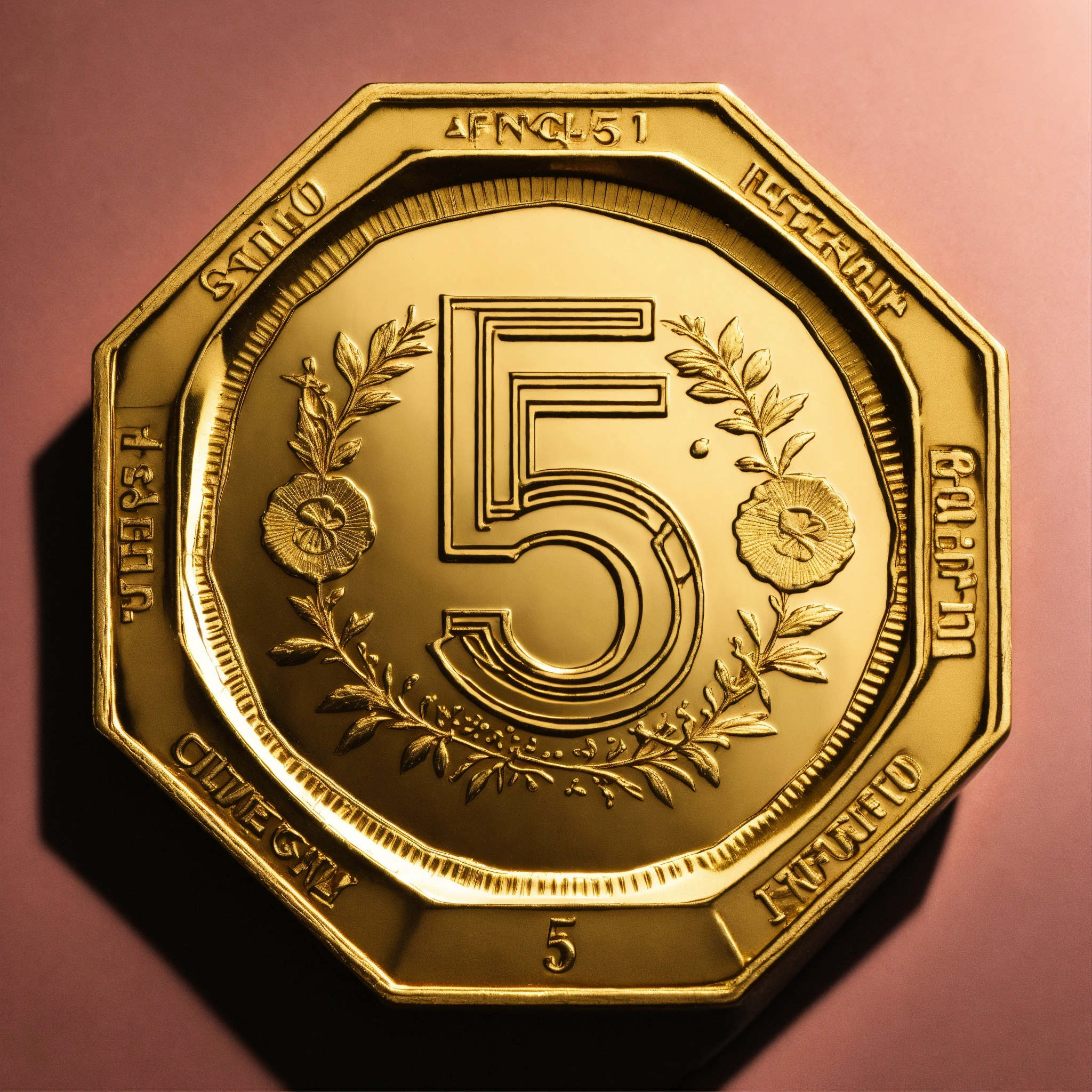 Lexica - A golden octagonal gold coin with the number 5 stamped in the ...