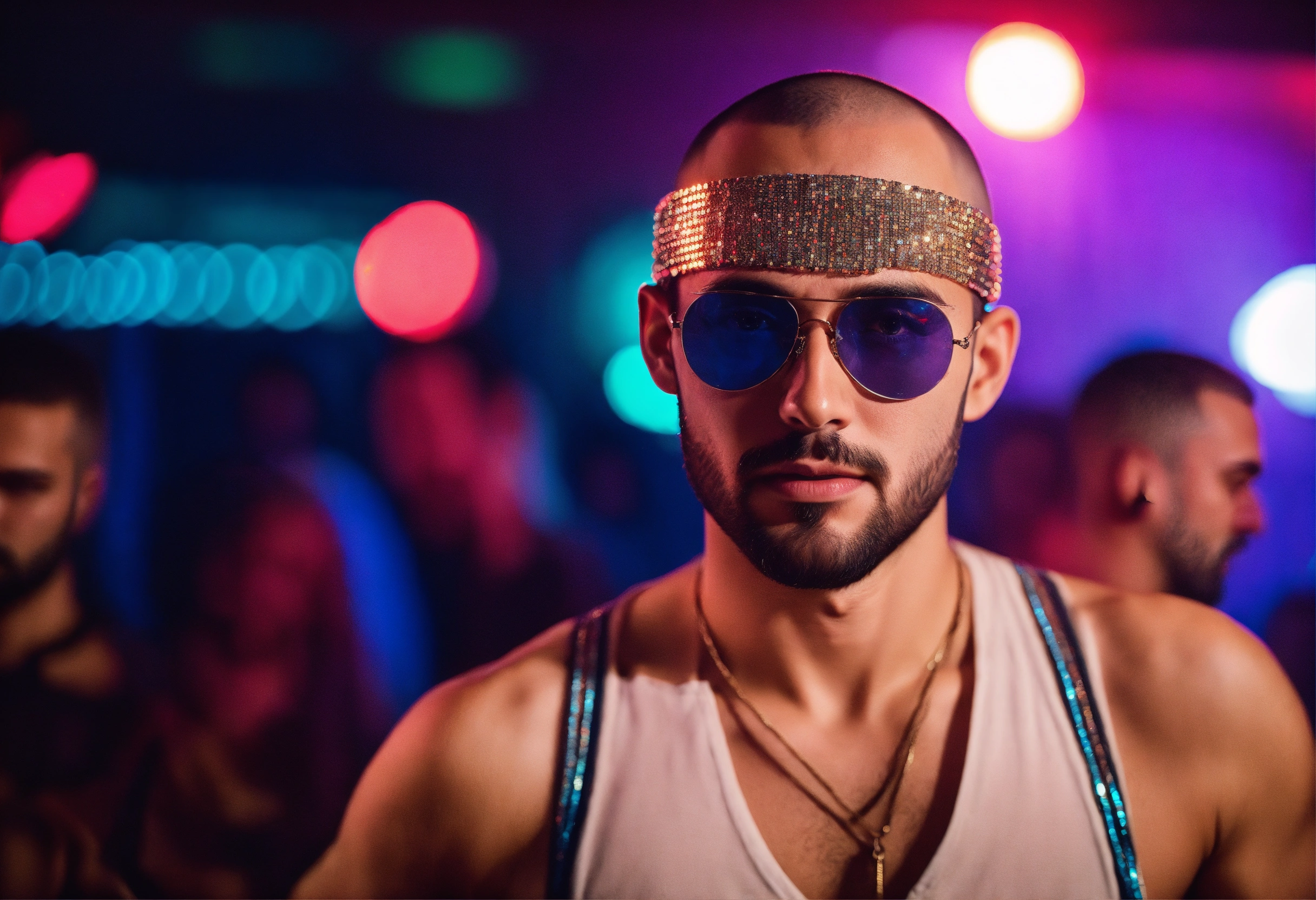 Lexica - Cute man, style disco dancer, eyes visible, dancing, buzz cut