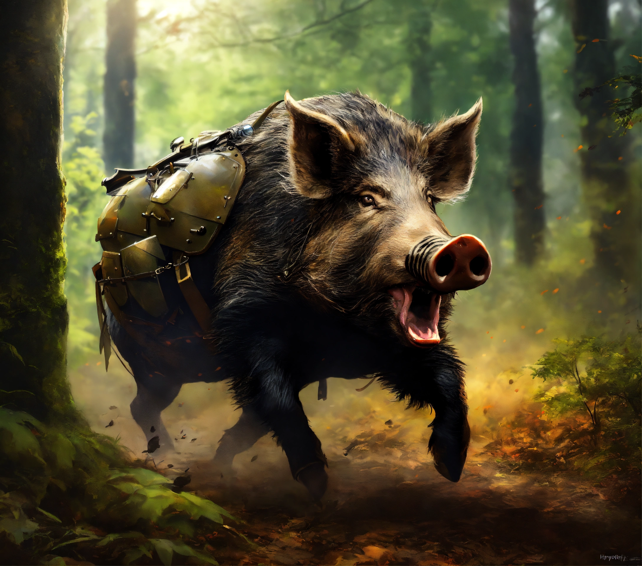 Lexica - Wild boar horned and armored, charging in wild forest, black ...