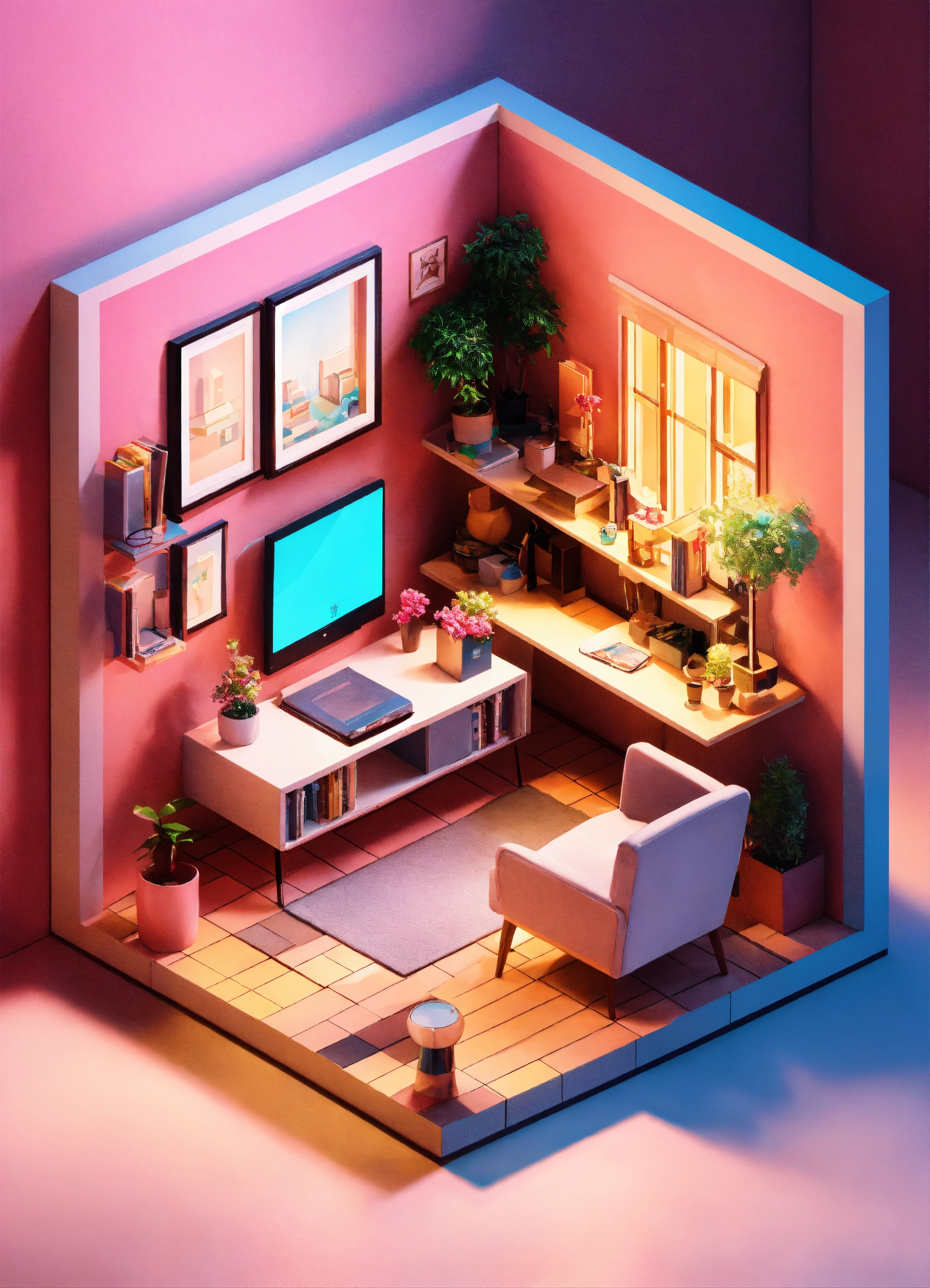 Lexica - Cube cutout of an isometric living room, 3d art, pastel colors ...