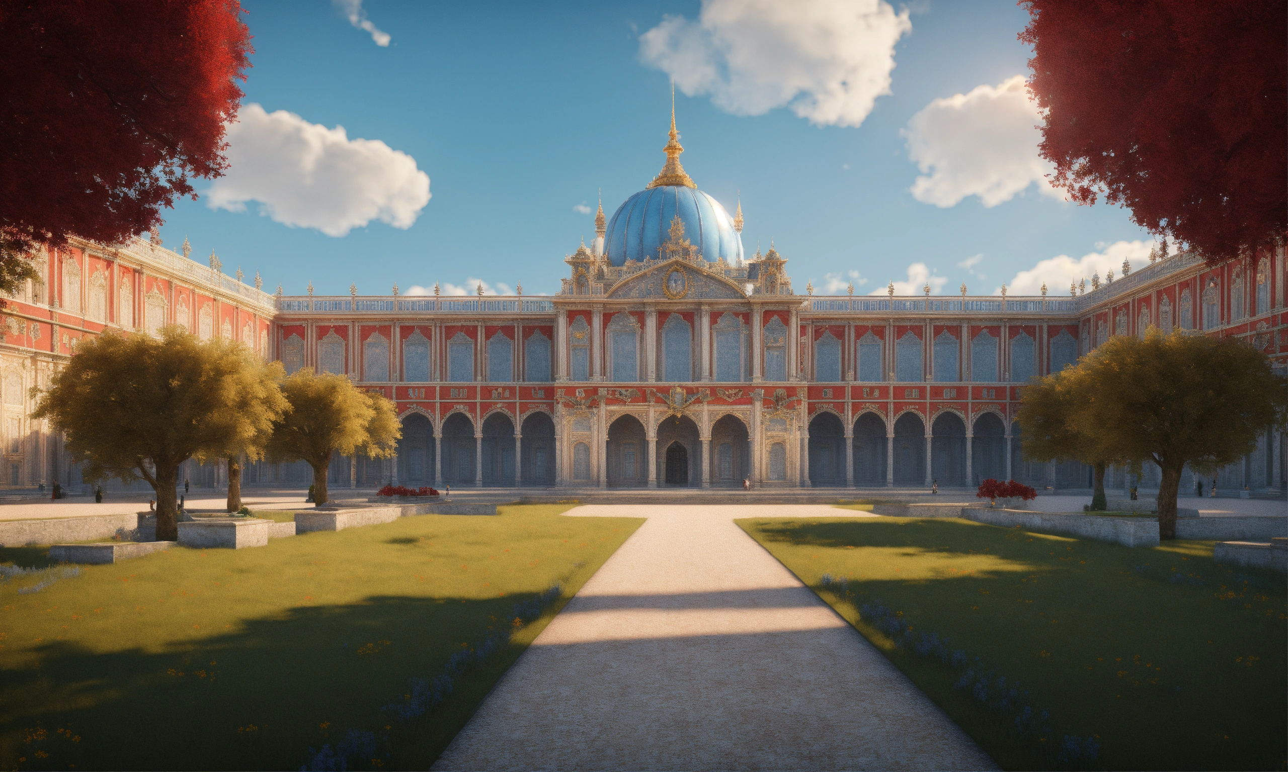 Lexica - Full image of a massive royal palace with light blue and red ...