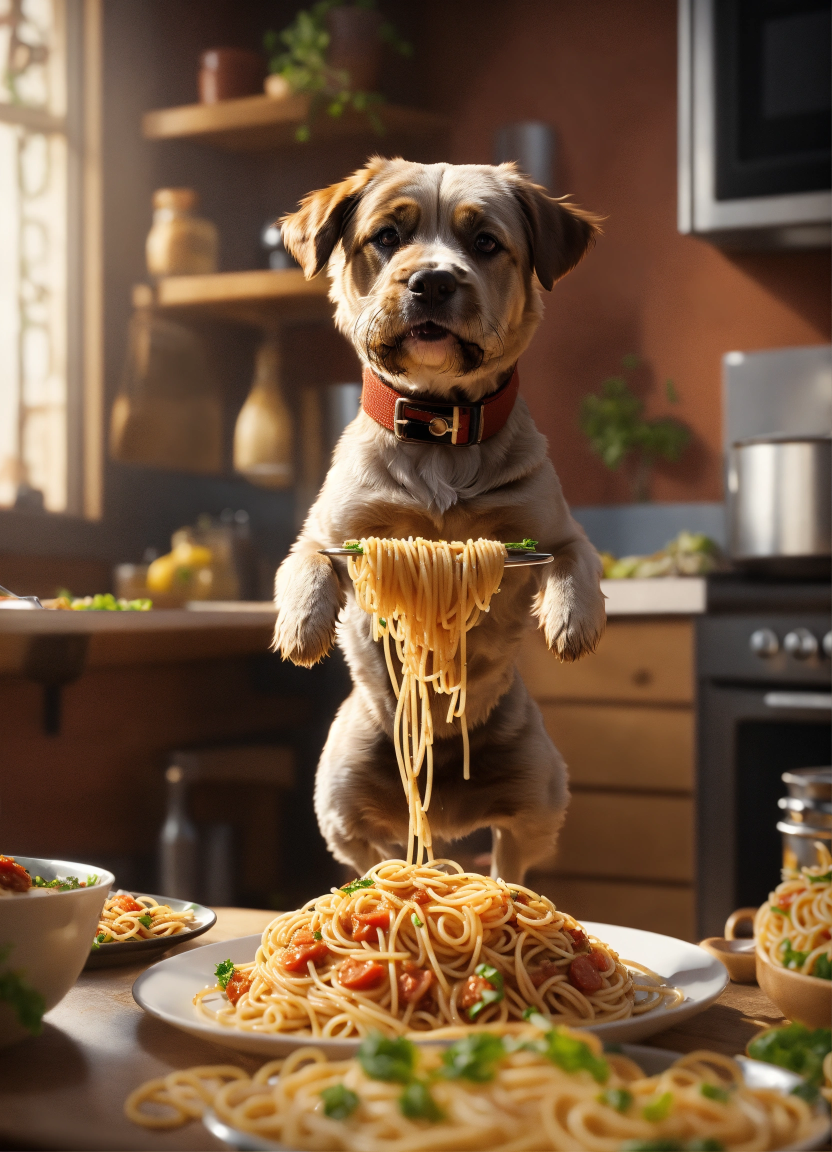 Lexica - A dog standing on 2 legs, eating spaghetti, unreal engine ...
