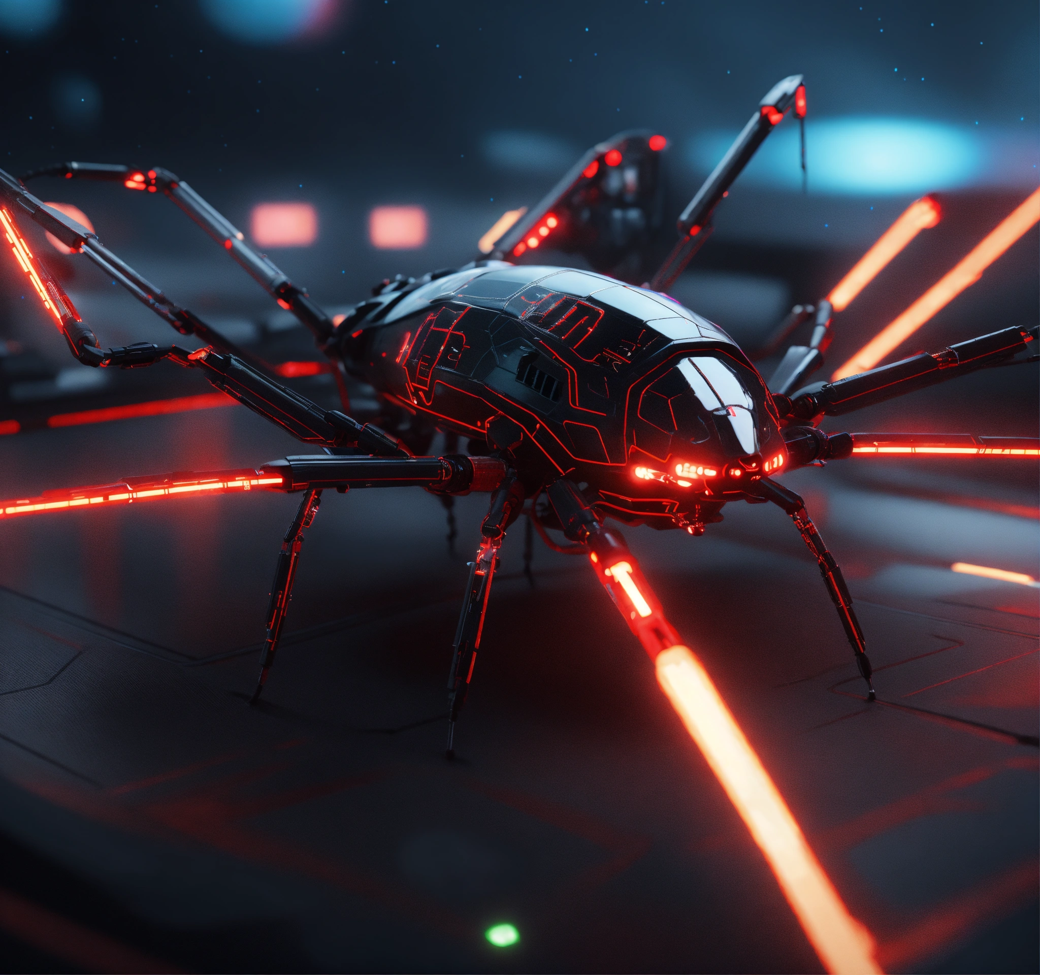 Lexica - Zoom out on a extra long black robotic black widow spider ...