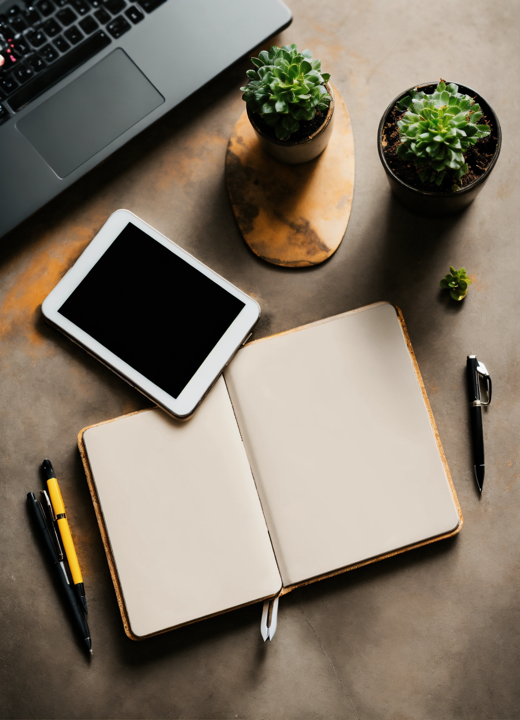 Lexica - Desktop with computer notepad pen pen phone and similar ...