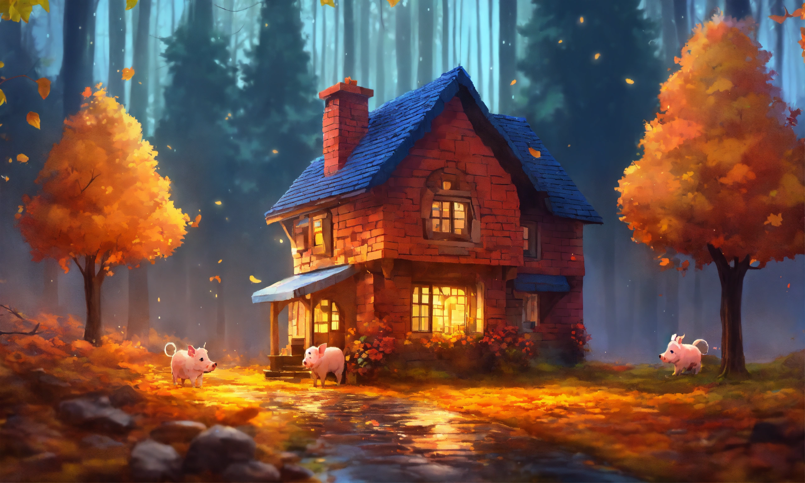 Lexica - One Cartoon style anthropoid piglet infant of the brick house in the magical rainy ...