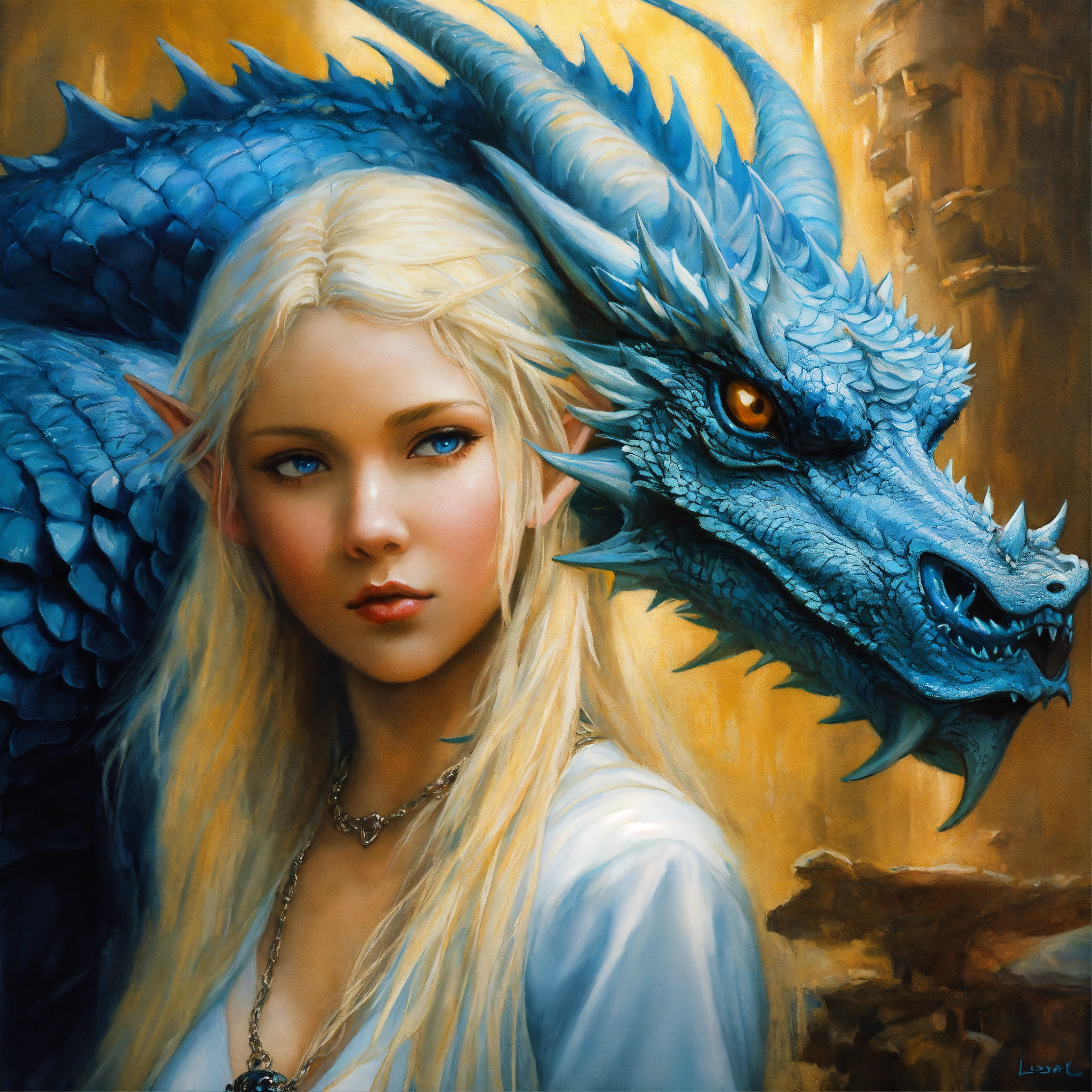 Lexica - Oil painting of a huge, magnificent two meter big blue dragon ...