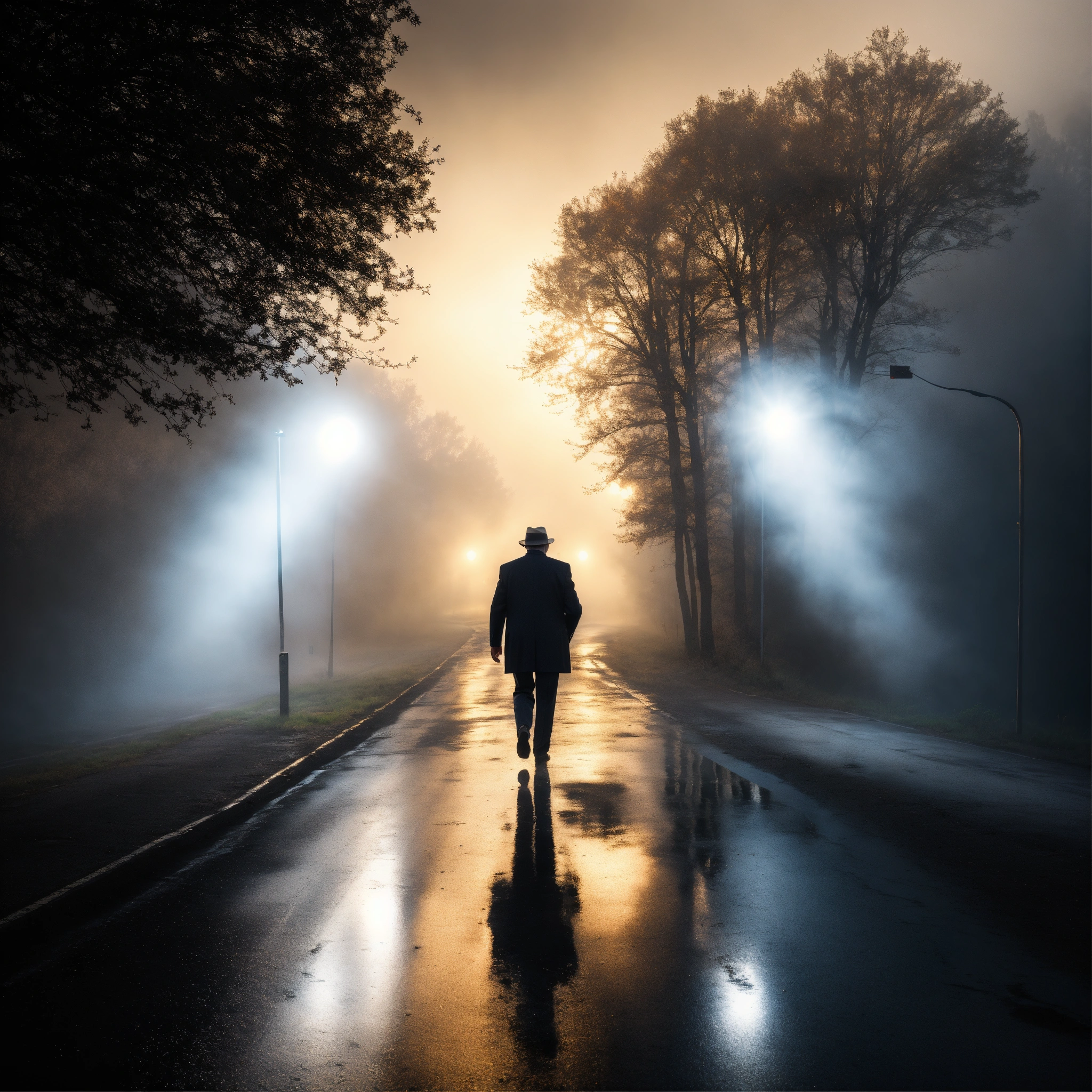 Lexica - Old man walking on a road, wearing suite, foggy, dramatic ...