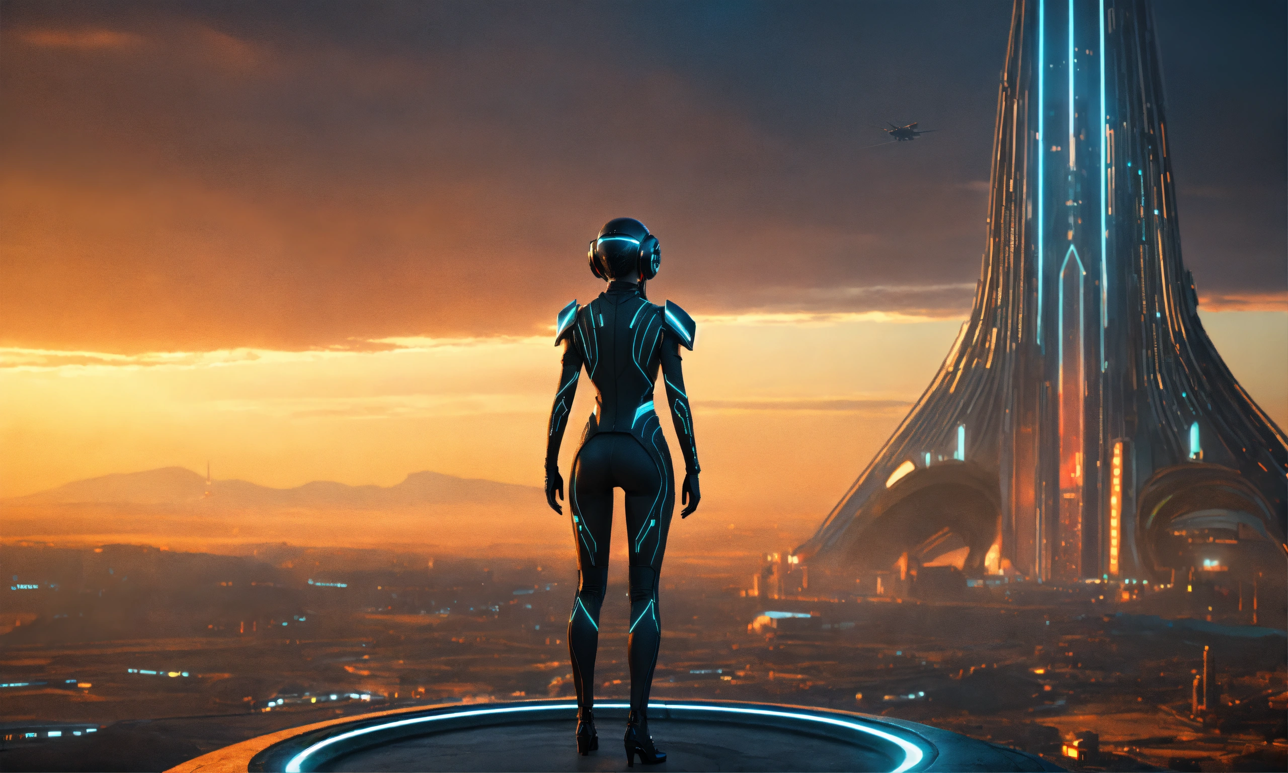 Lexica - Wide shot of the back of a female super spy wearing a tight ...