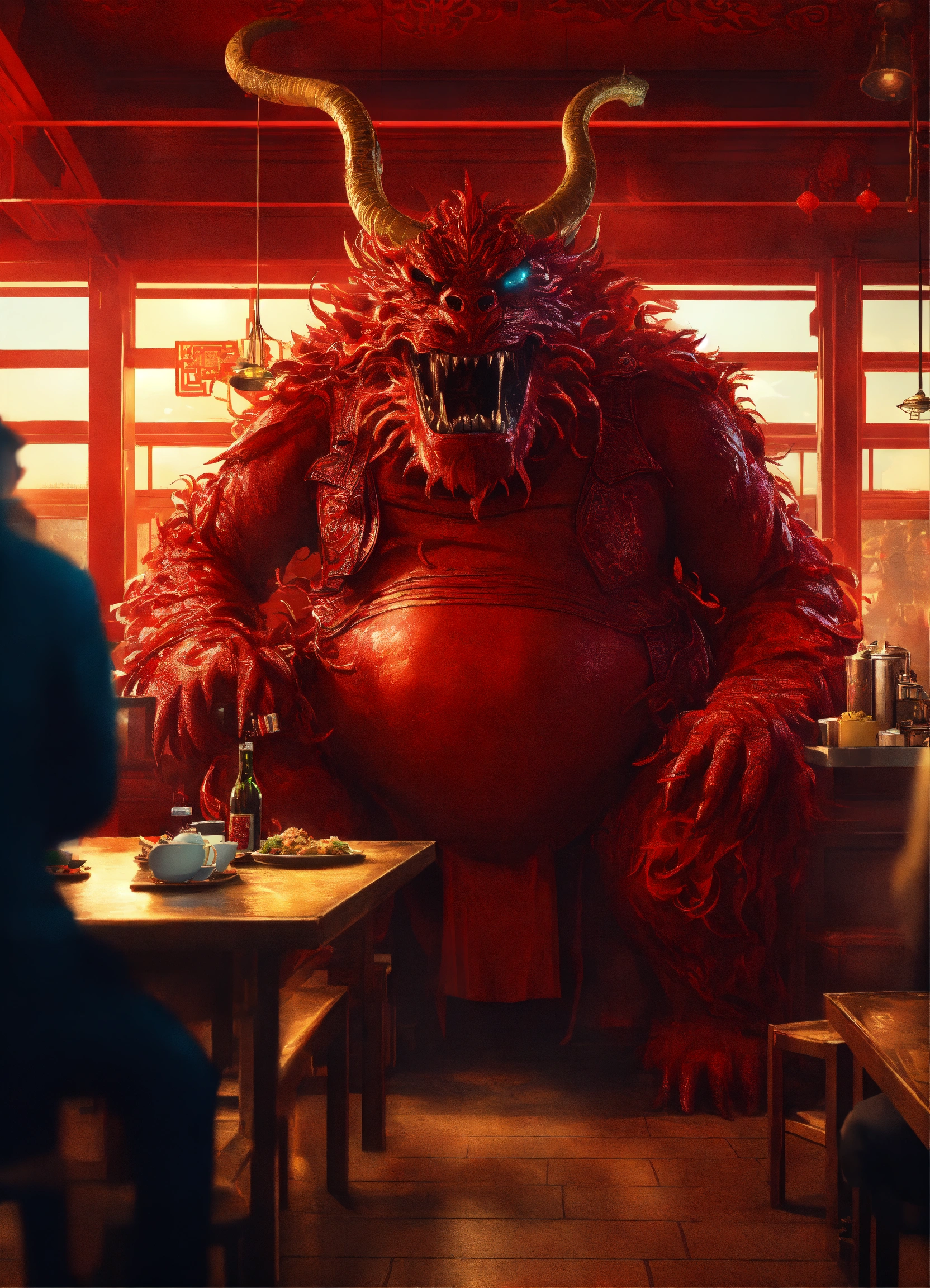 Lexica - A huge red chinese monster is sitting in front of a kitchen ...