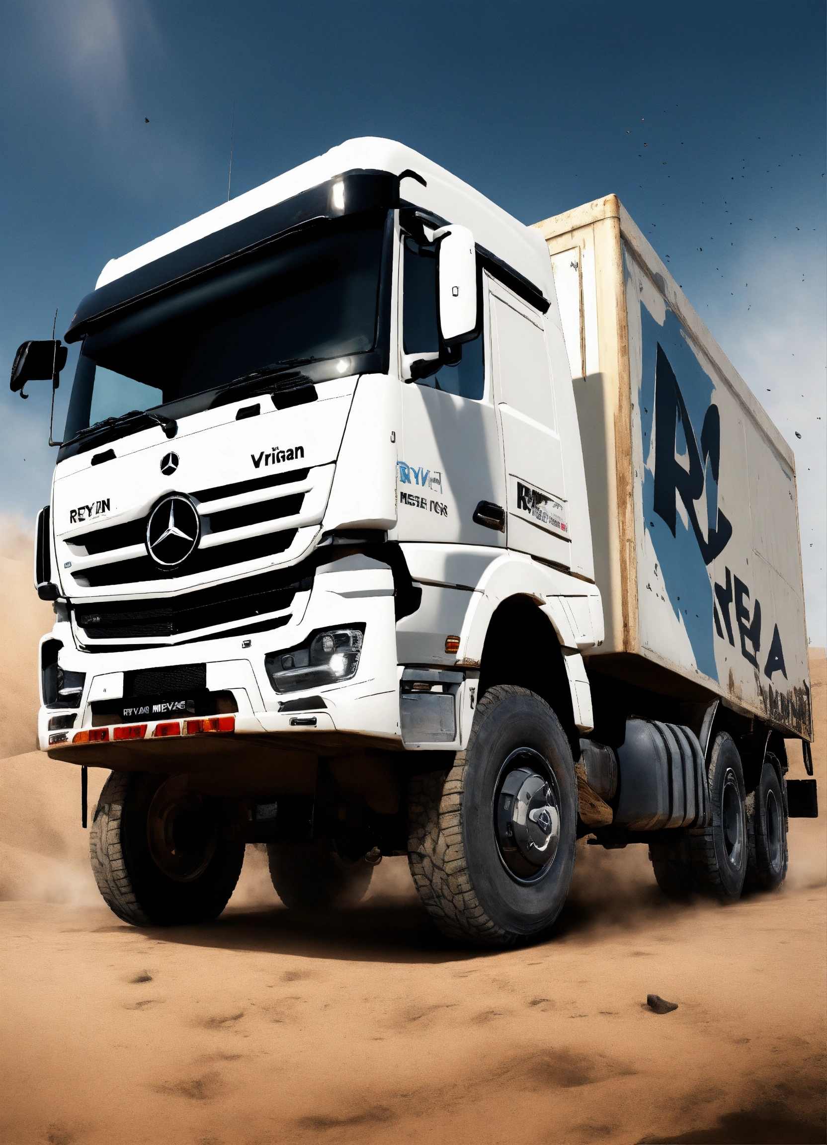 Lexica - A white Mercedes HGV truck with the word Ryan on it in the ...