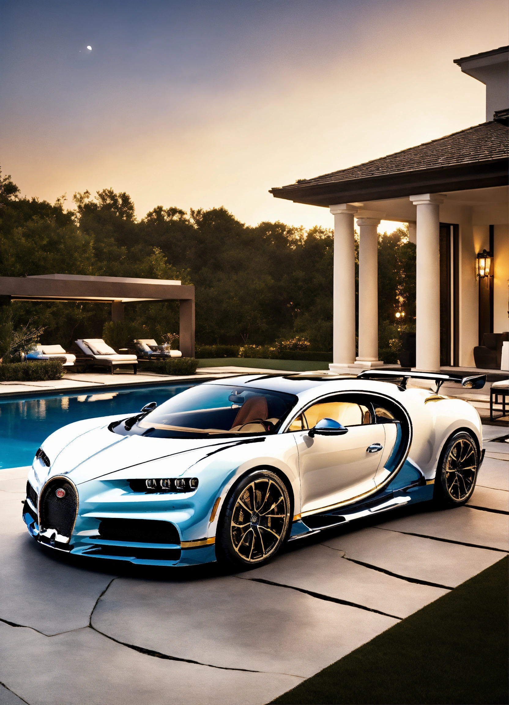 Lexica - 2023 Bugatti chiron with contemporary mansion white and Gold ...