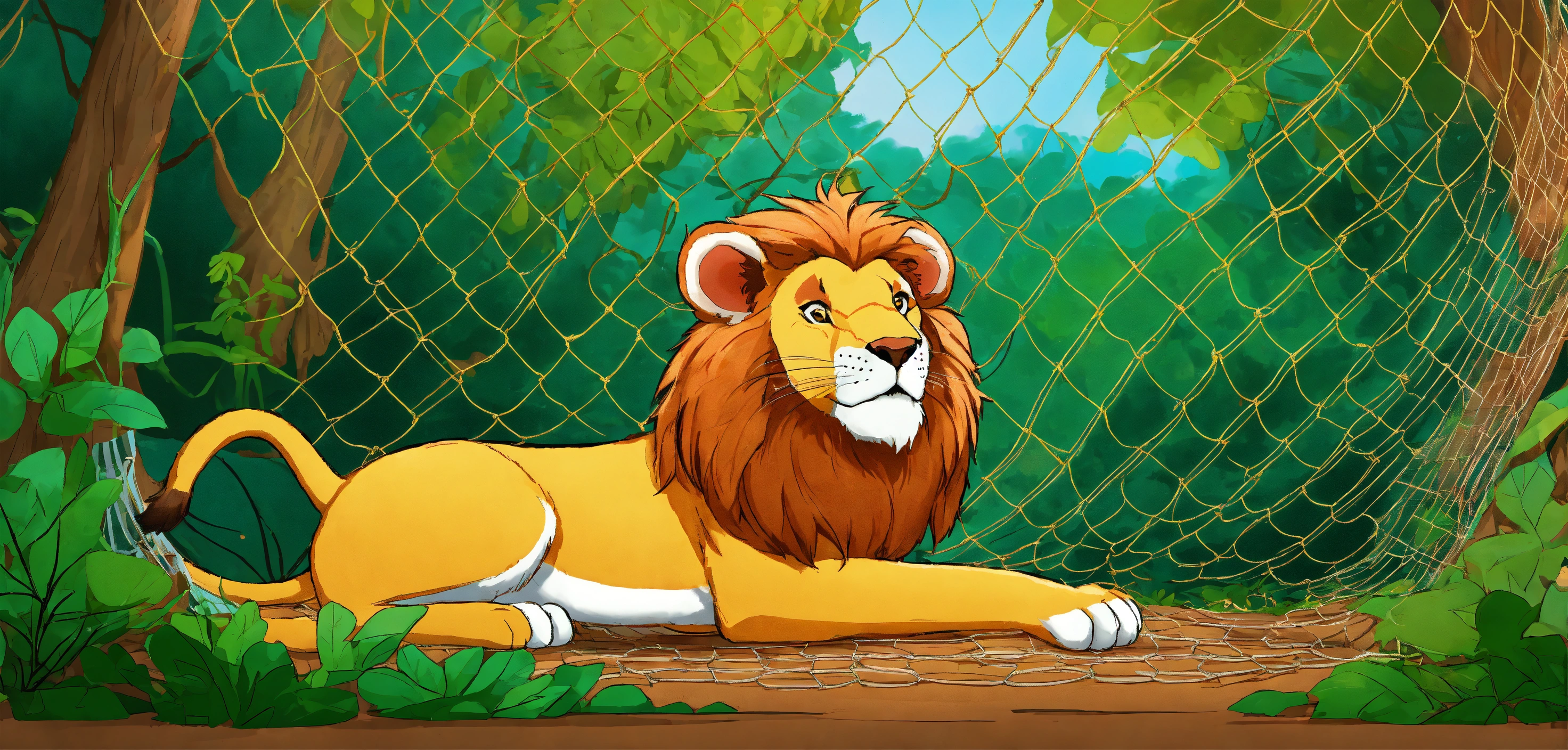 Lexica - Cartoon when big lion was trapped in net, hung to tree, with ...