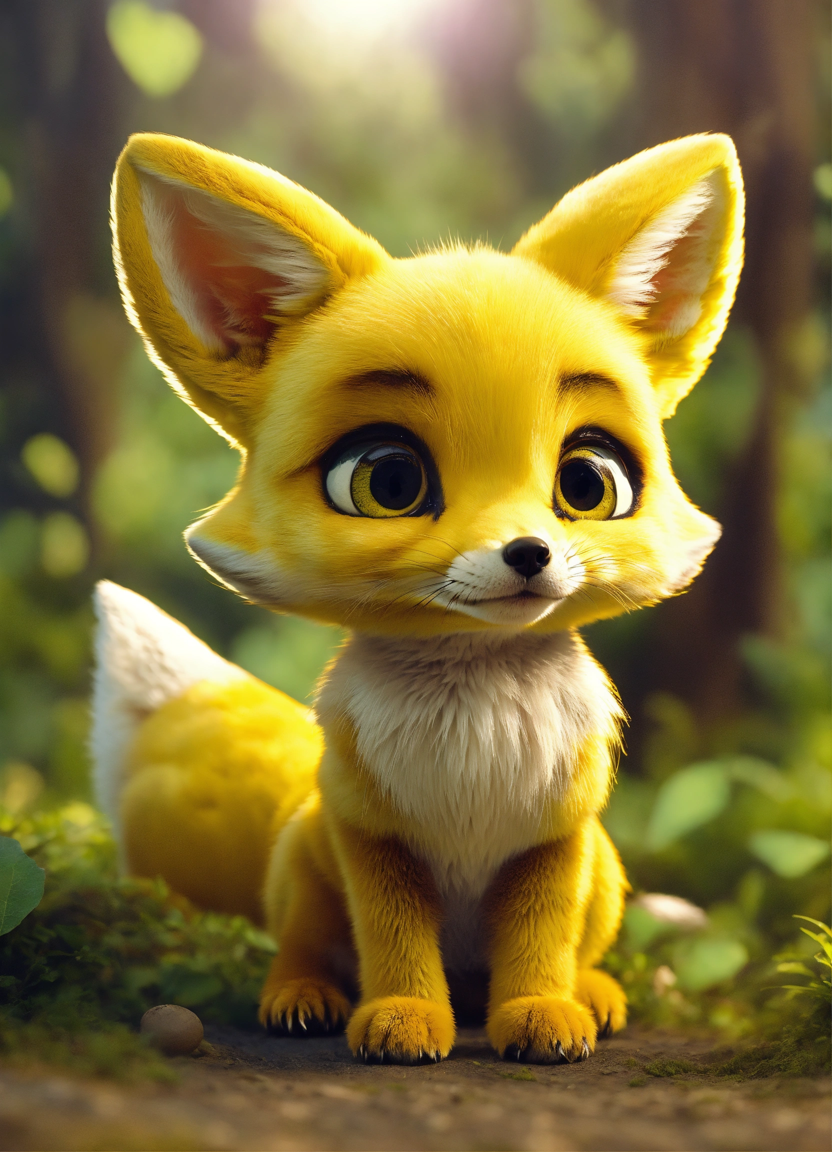 Lexica - A cute Yellow and yellow-gree baby fox with big eyes, animated ...