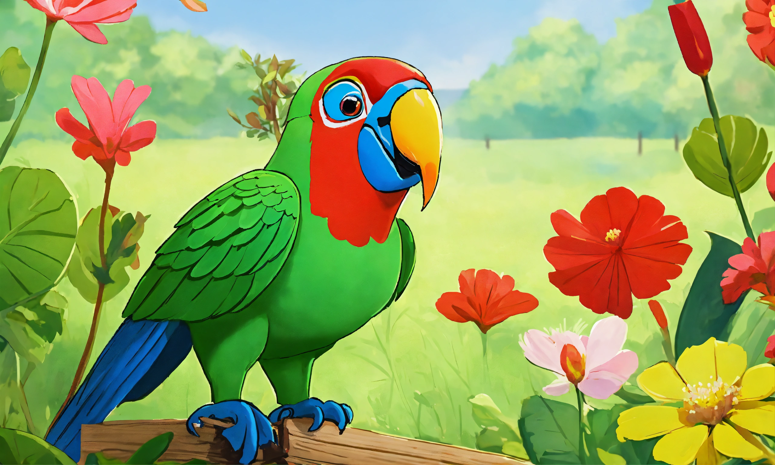Lexica - Green parrot with a red beak in a garden, style of Donald ...
