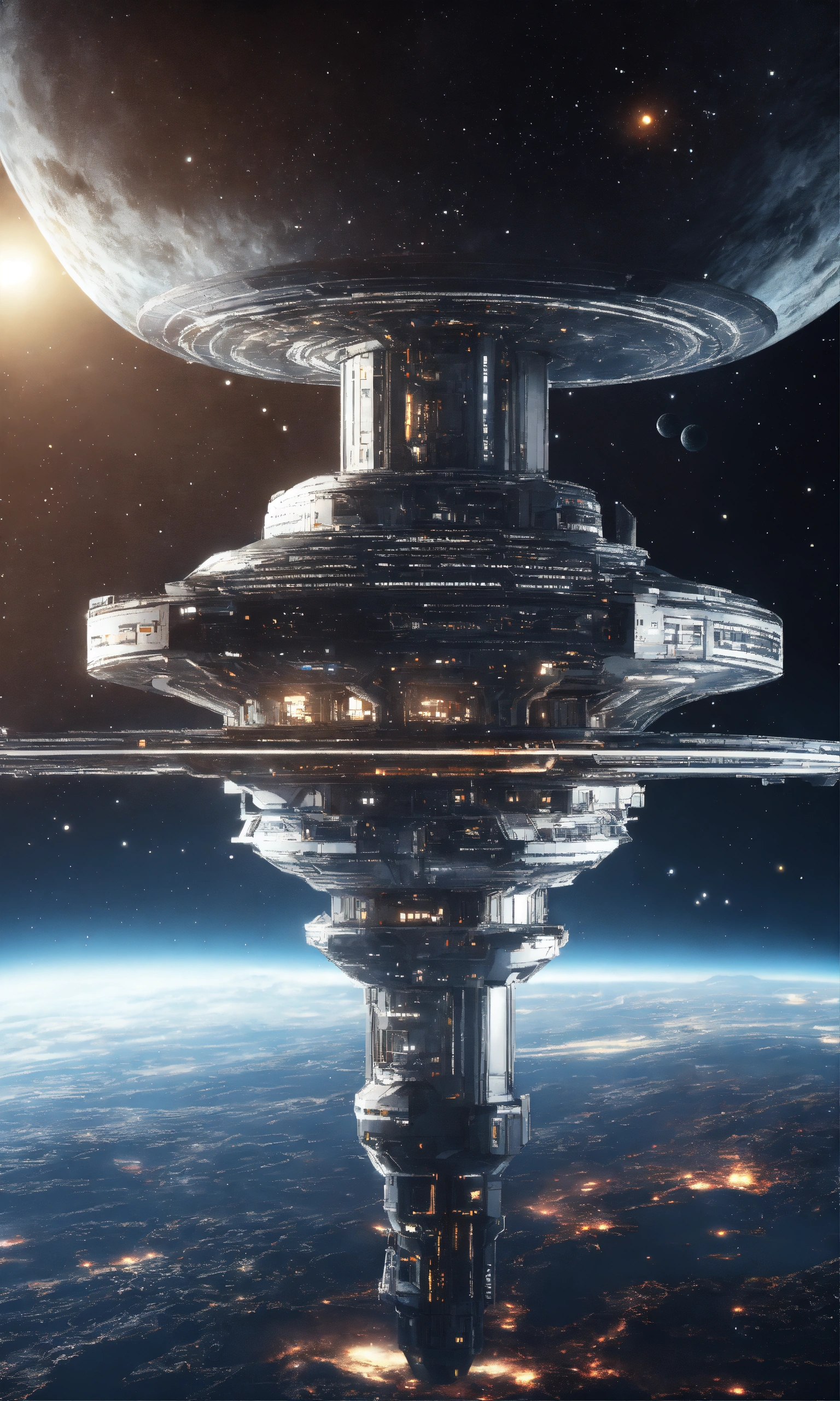 Lexica - Zoom out of white intergalactic space port in starry black ...