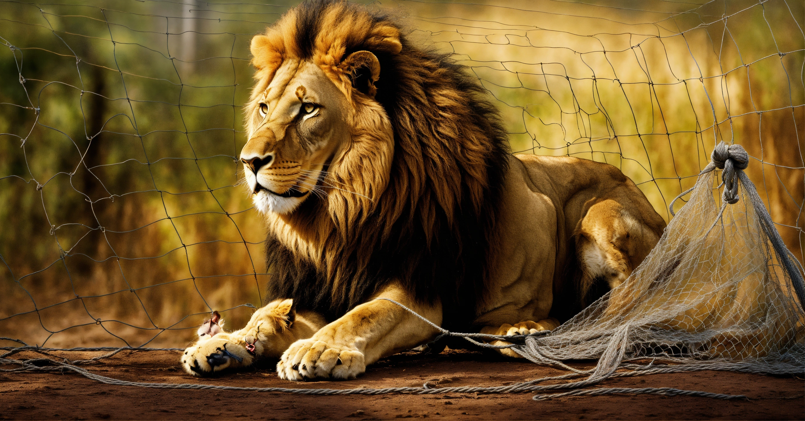 Lexica - Image of the lion trapped in a net and the mouse chewing the ...