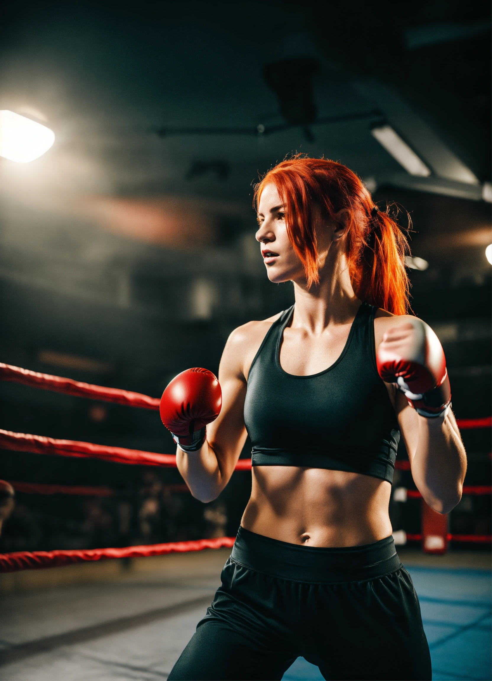 Lexica - Athletic female with red hair training in boxing ring for fight