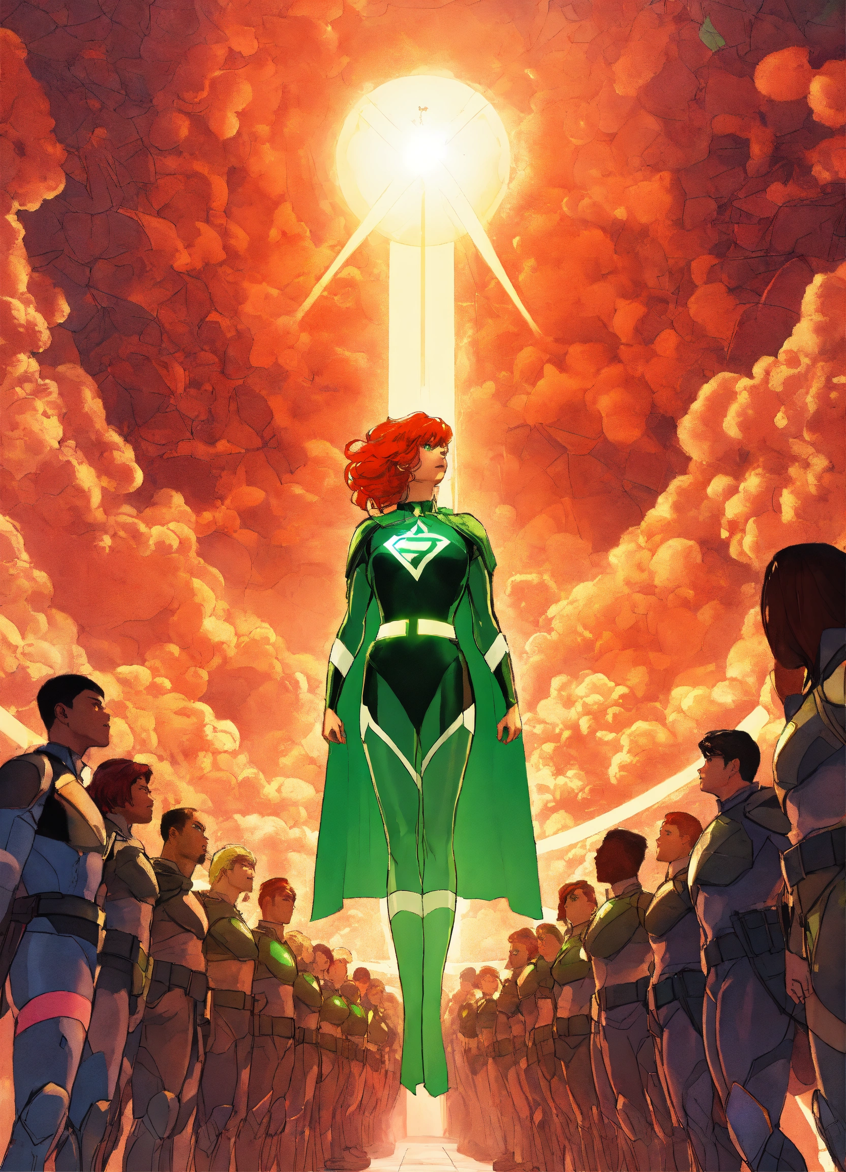 Lexica - An army of earthbound superhero's looking up in awe at a Red ...