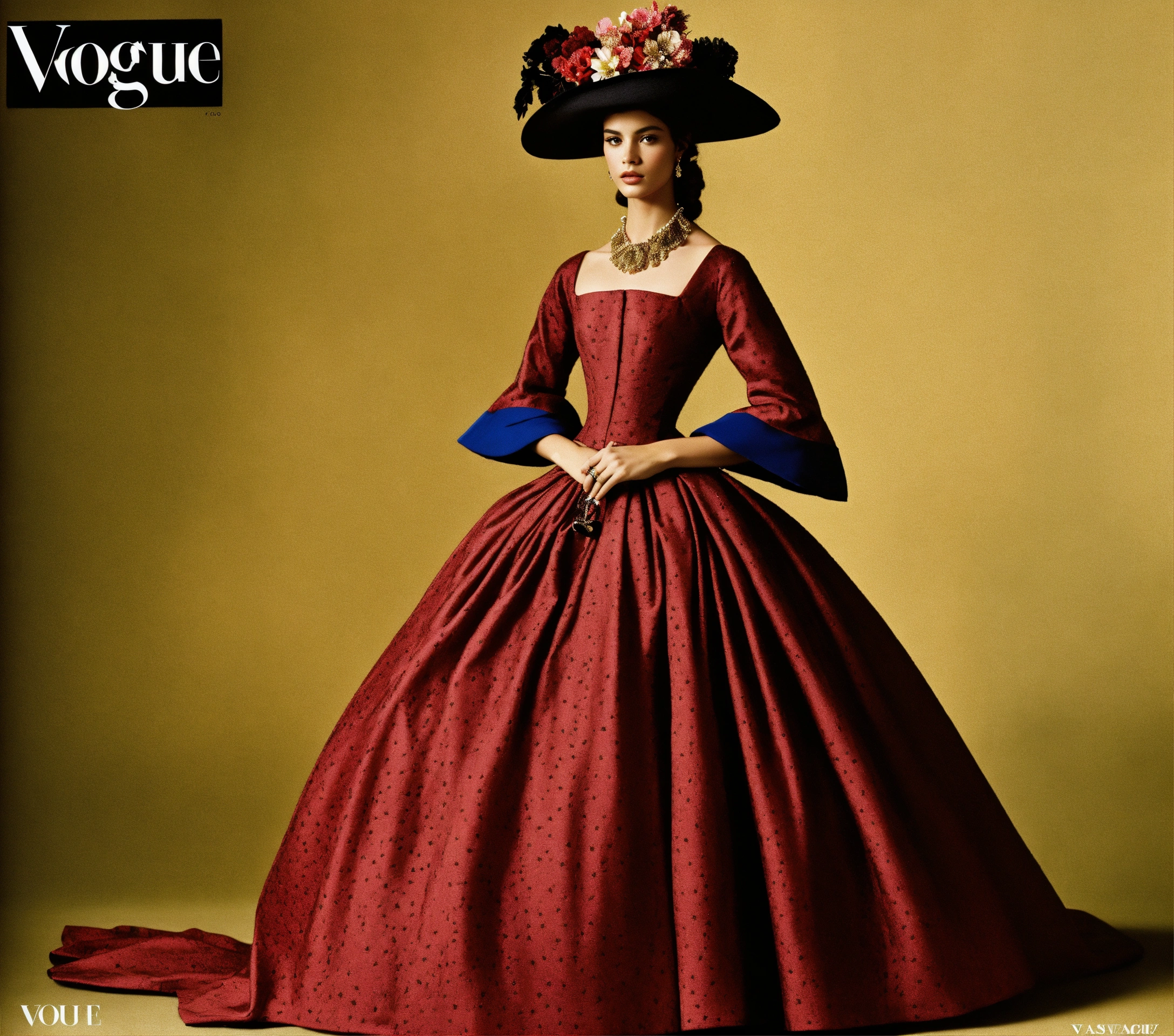 Lexica - Modelo,com vestido de época, 1750, na capa da revista vogue