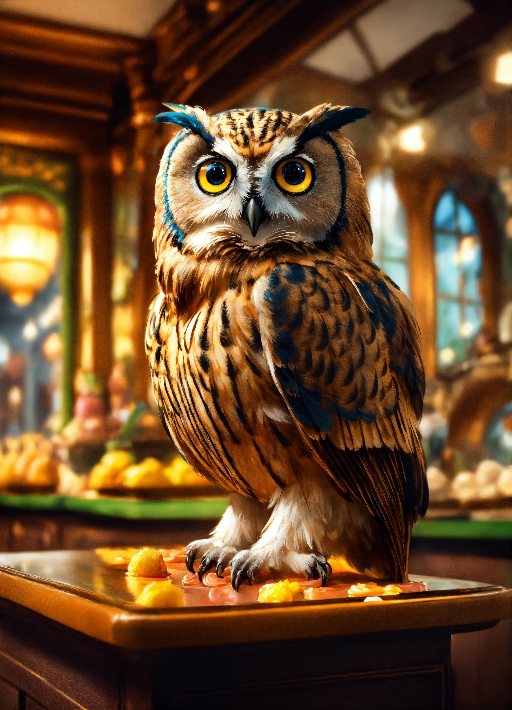 Lexica - Beautiful owl sitting on the counter in a fairy tale cake ...
