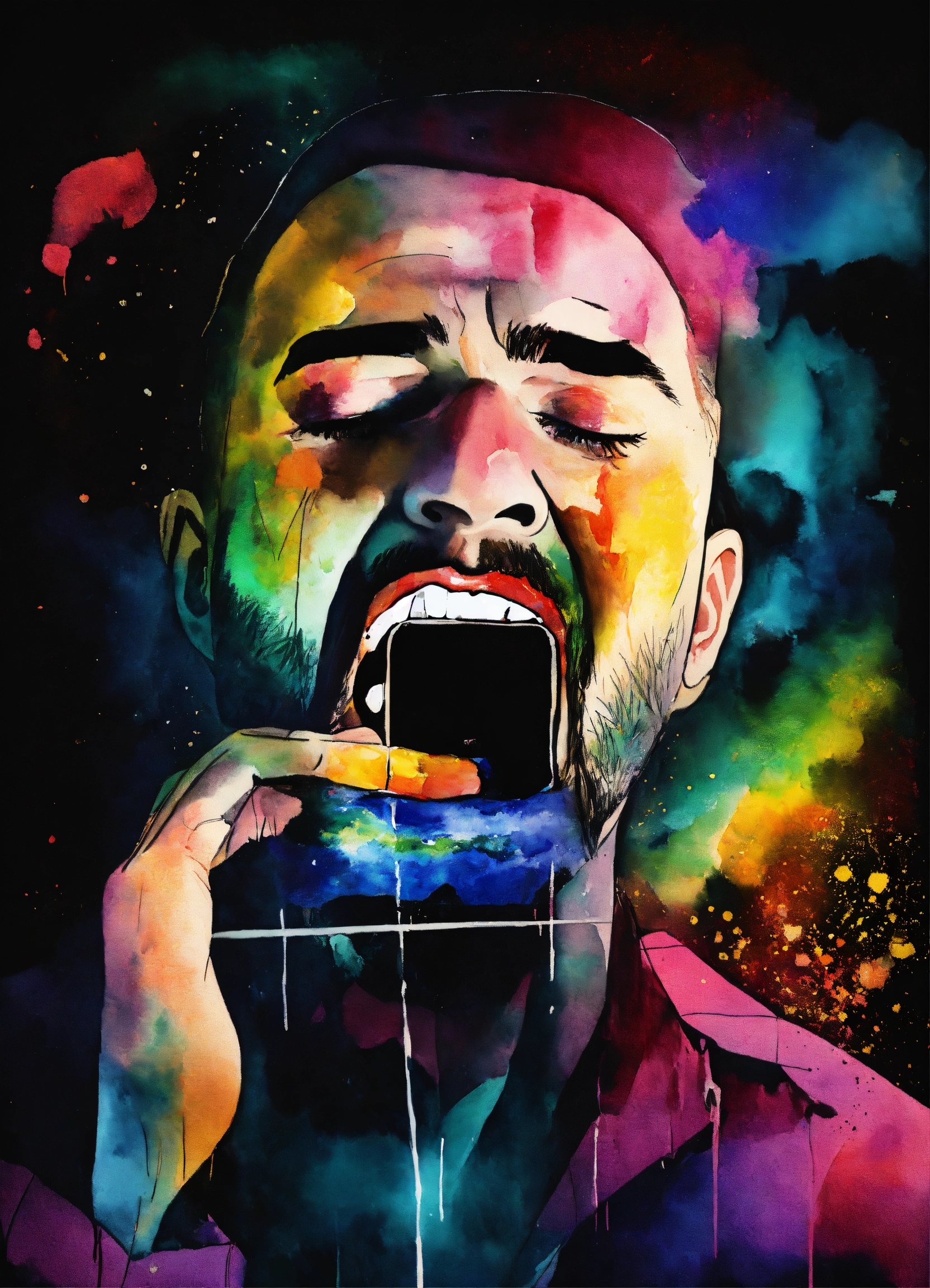 Lexica - Man biting into his smartphone crying in a super abstract ...