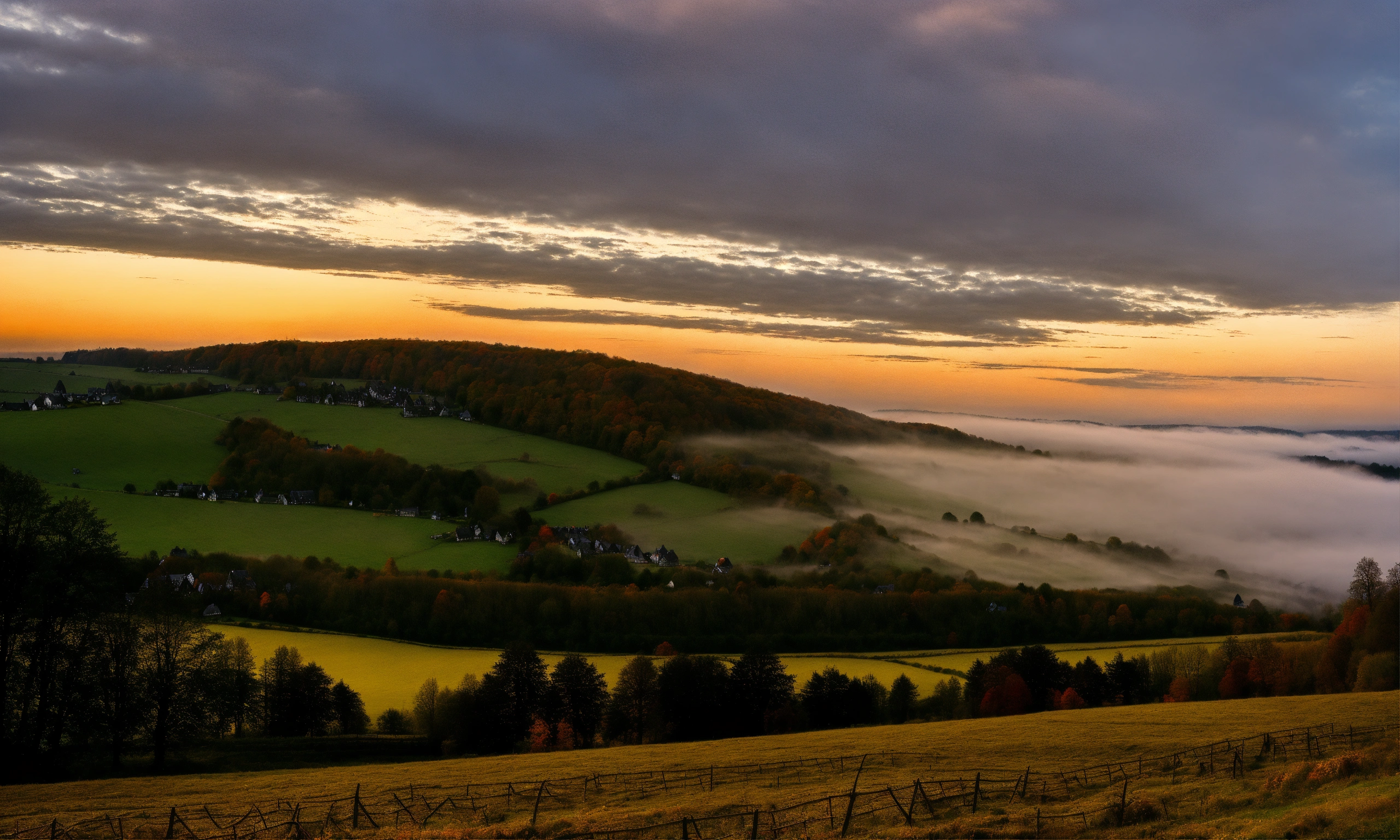 Lexica - Foggy landscape of Belgian Ardennes during fall at dusk