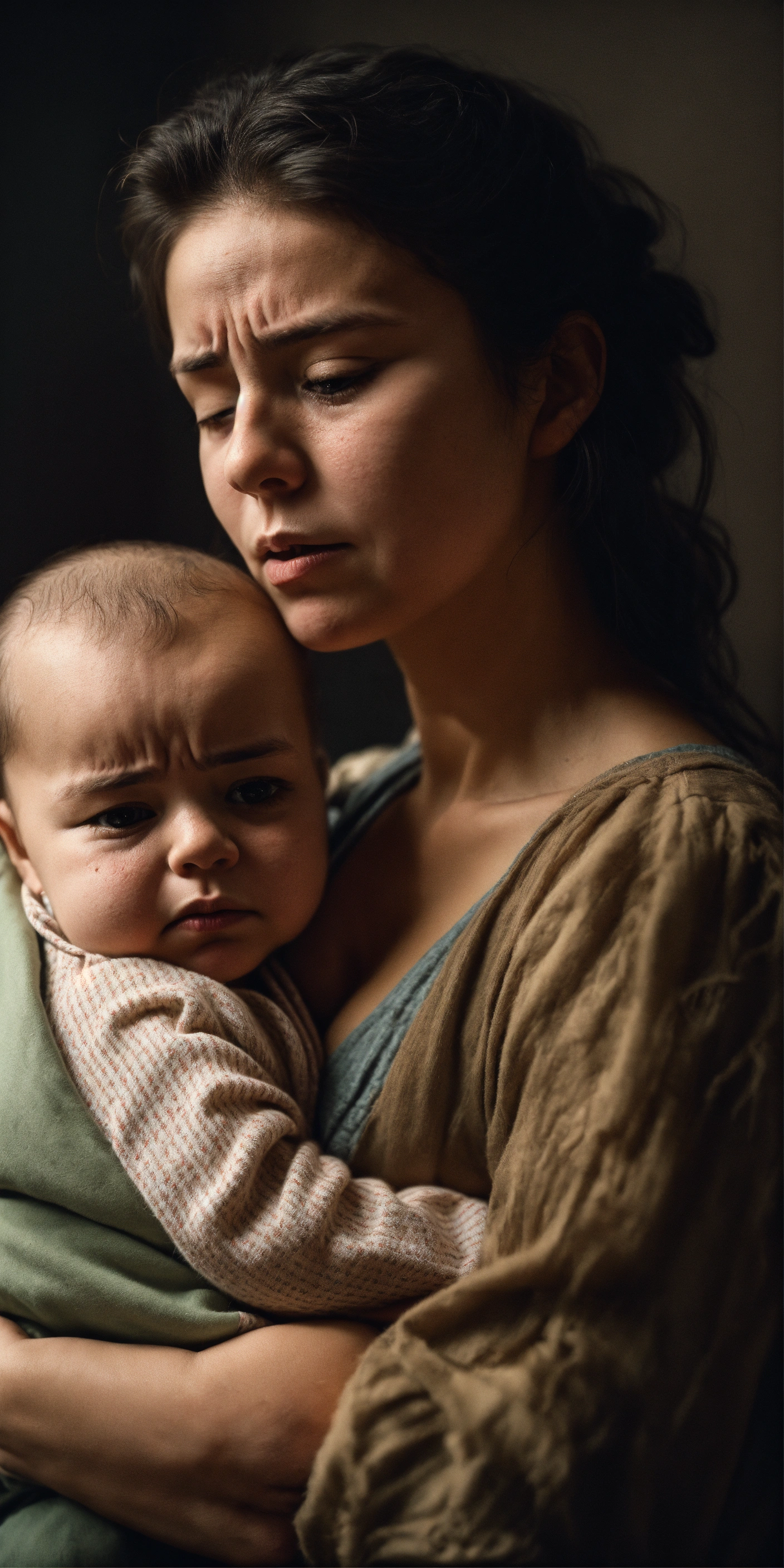 Lexica - A sad woman with a sad and pitiful face holds an infant in her ...