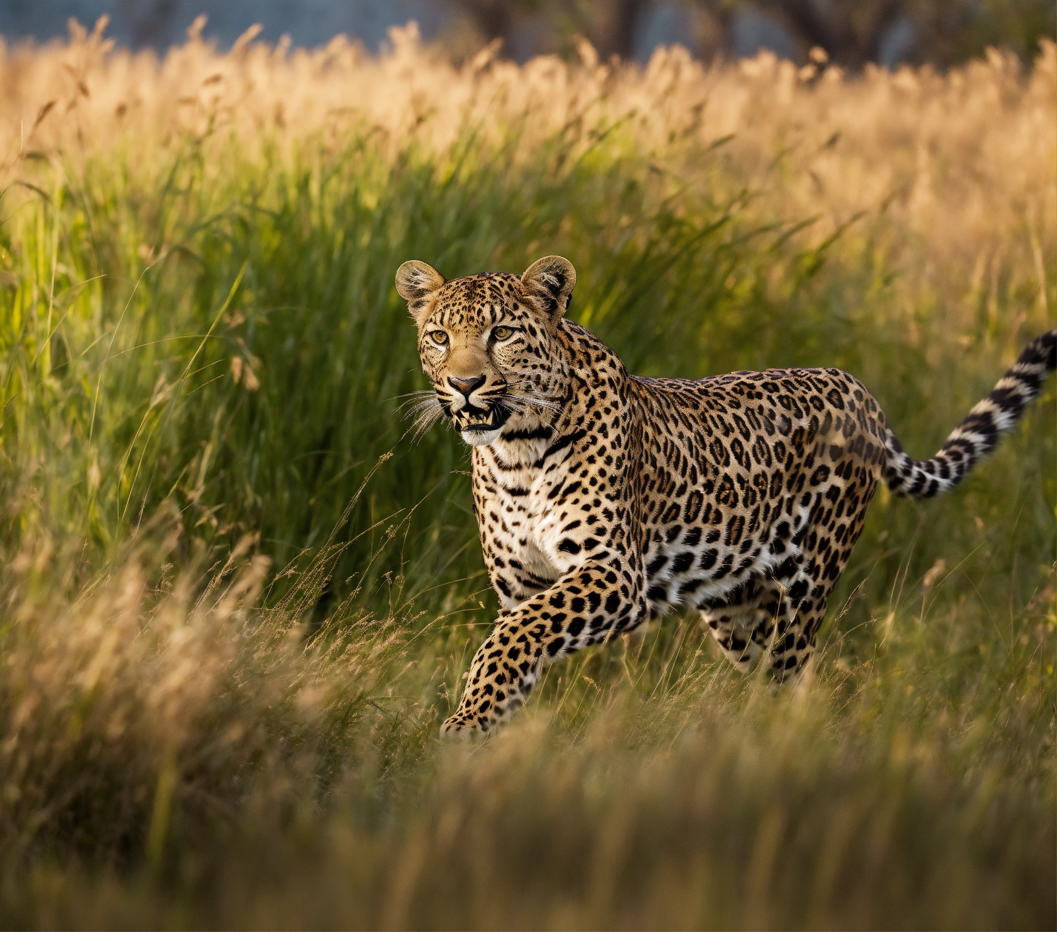 Lexica - A sabre toothed leopard pouncing out of tall grass to ambush a ...