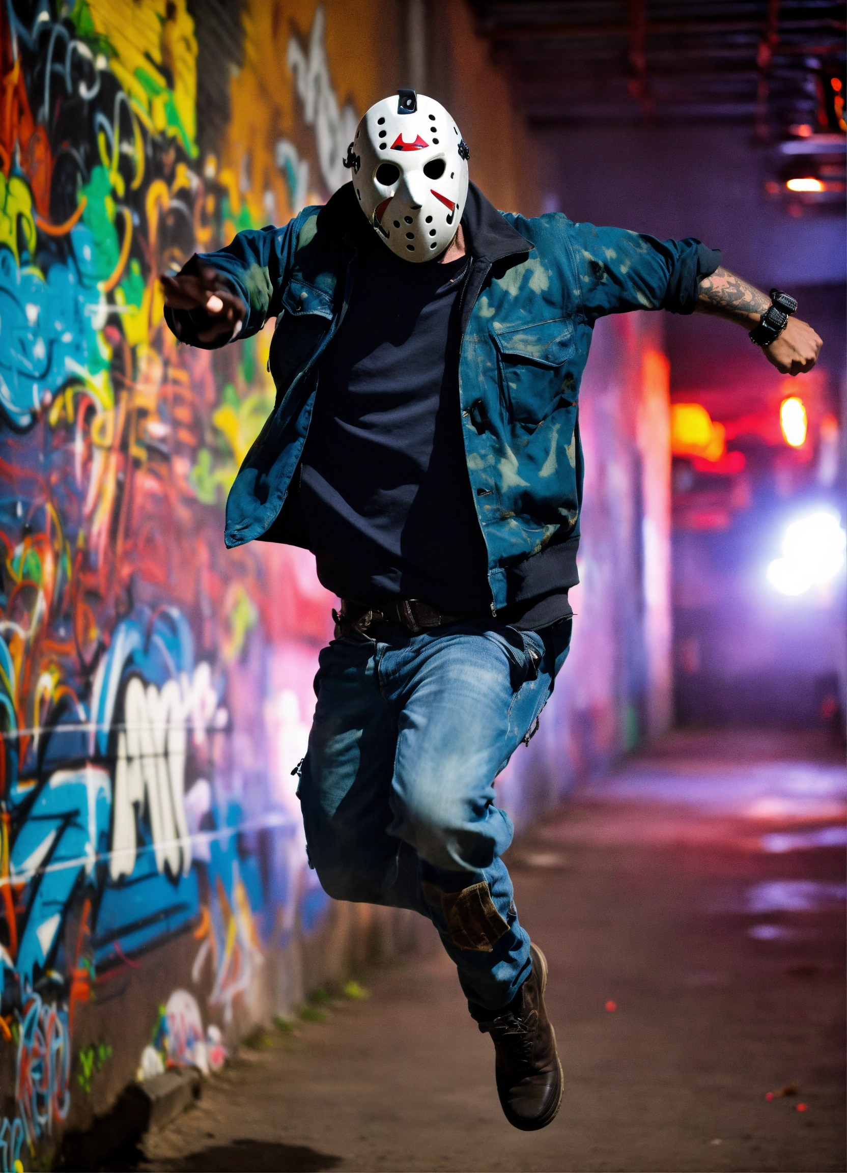 Lexica - Urban portrait of jason voorhees in mid-jump, graffiti walls ...