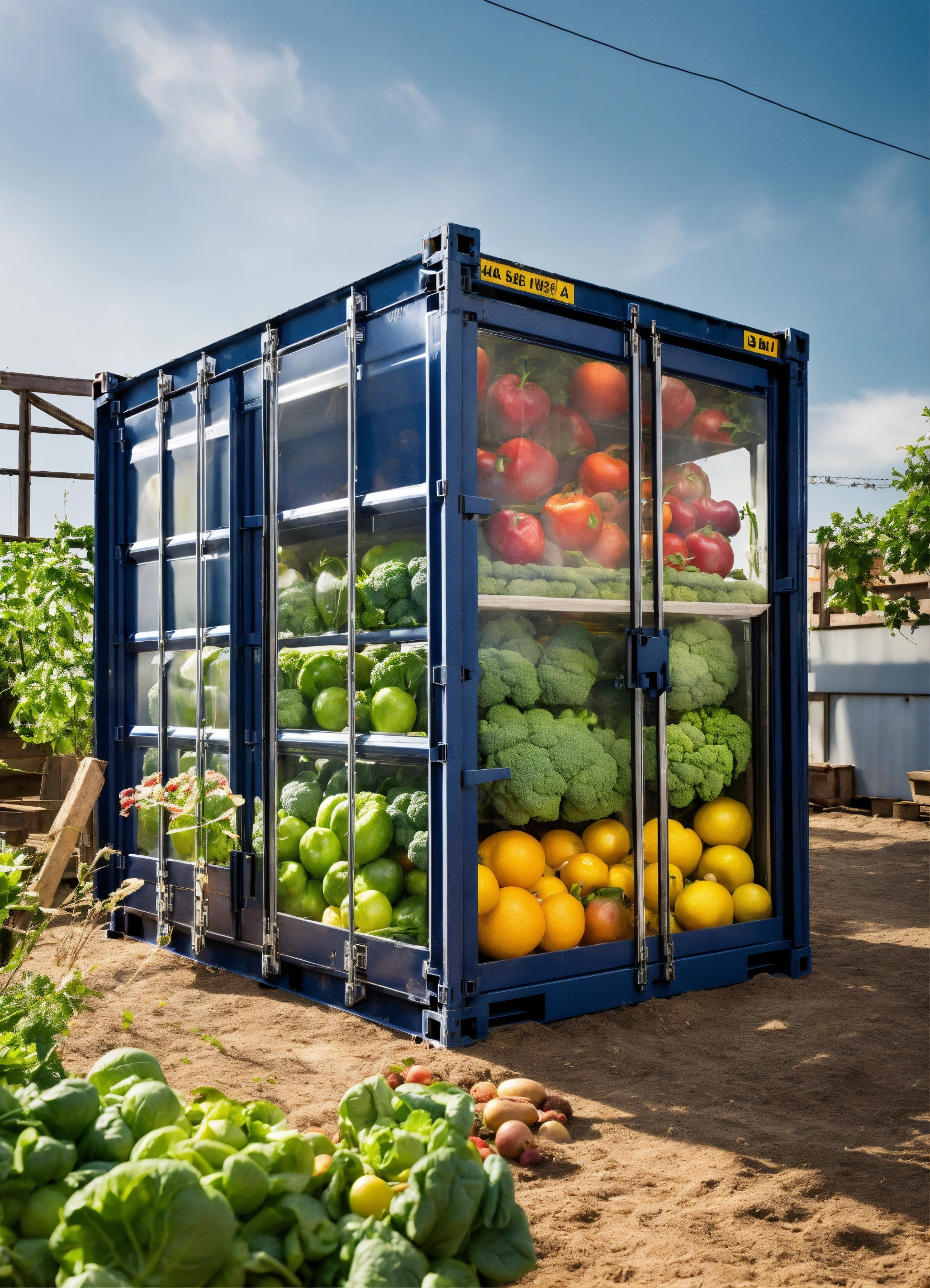 Lexica - A see through shipping container with fruits and vegetables growing inside