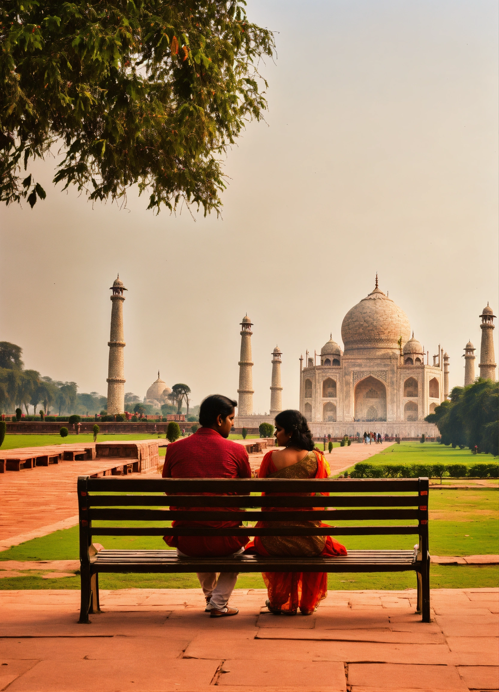 Lexica - Lovers on park bench distance india at taj mahal