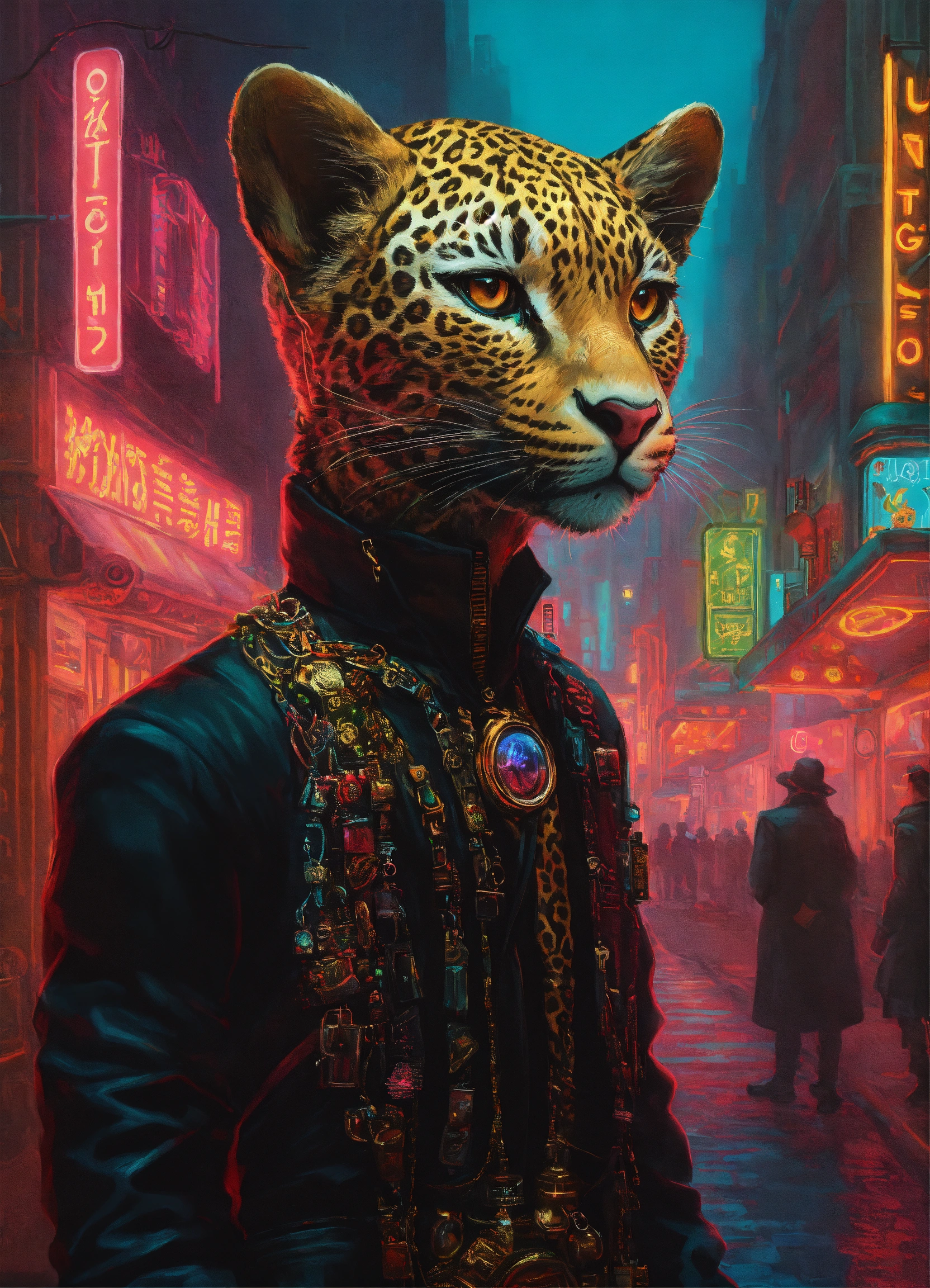 Lexica - Black colors, a shapeshifter, leopard, cyberpunk town with ...