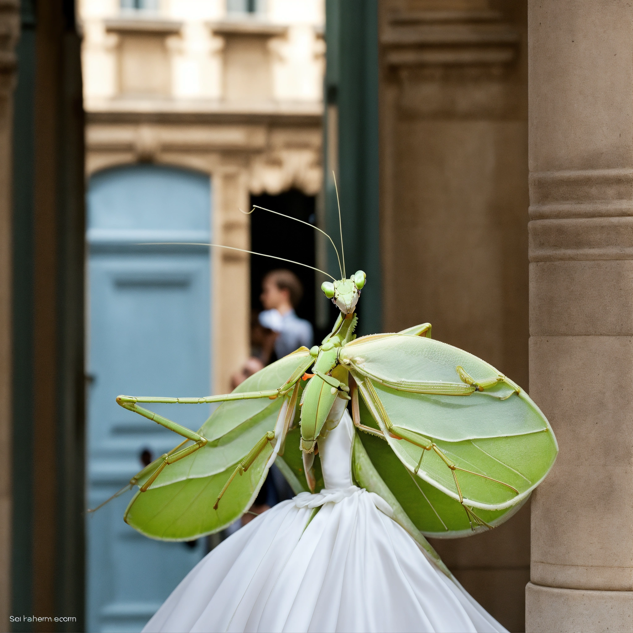 Lexica - A praying mantis wearing a haute couture white dress at paris ...
