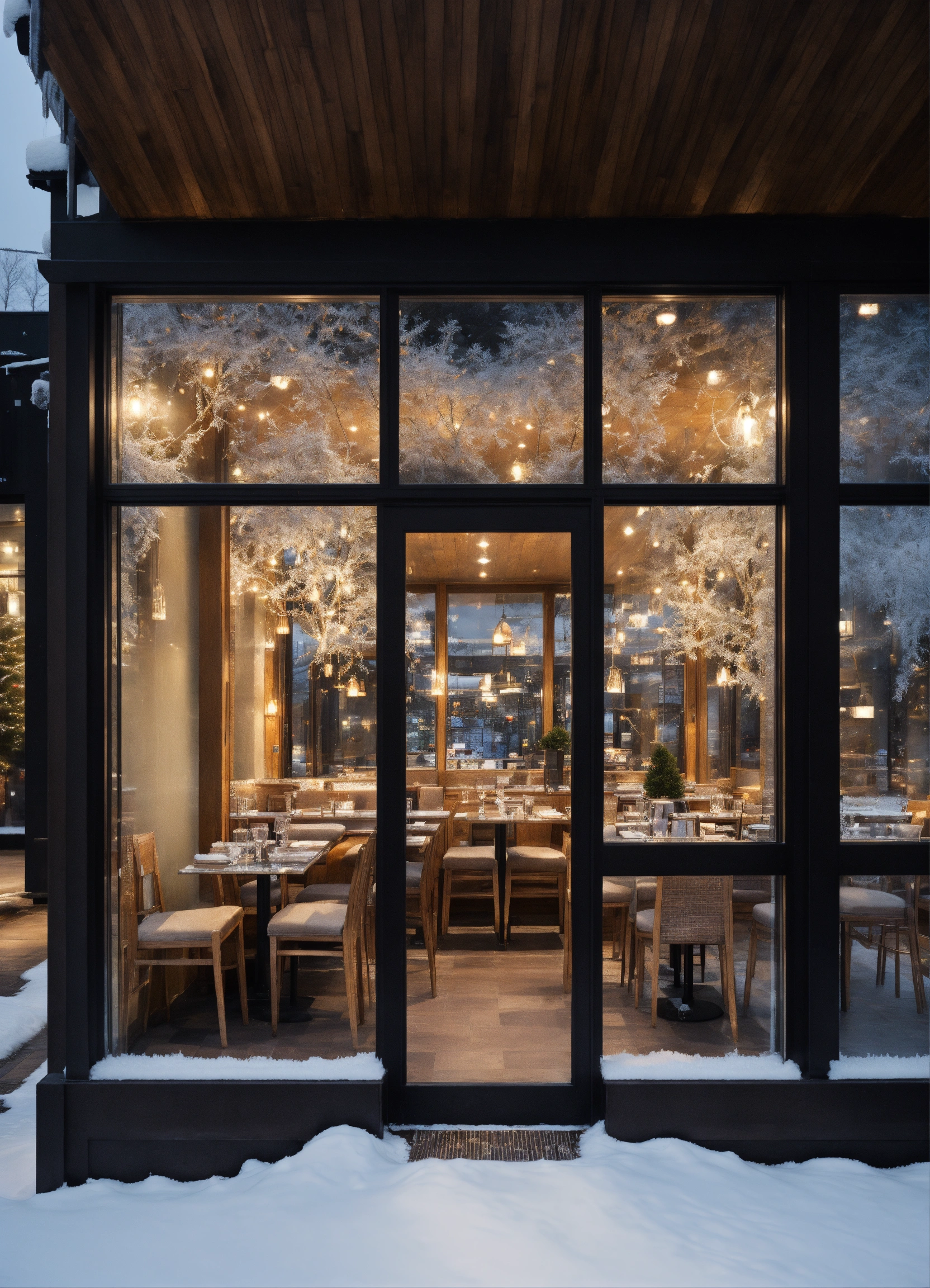 Lexica - Front view of a restaurant exterior entrance in winter, blend ...