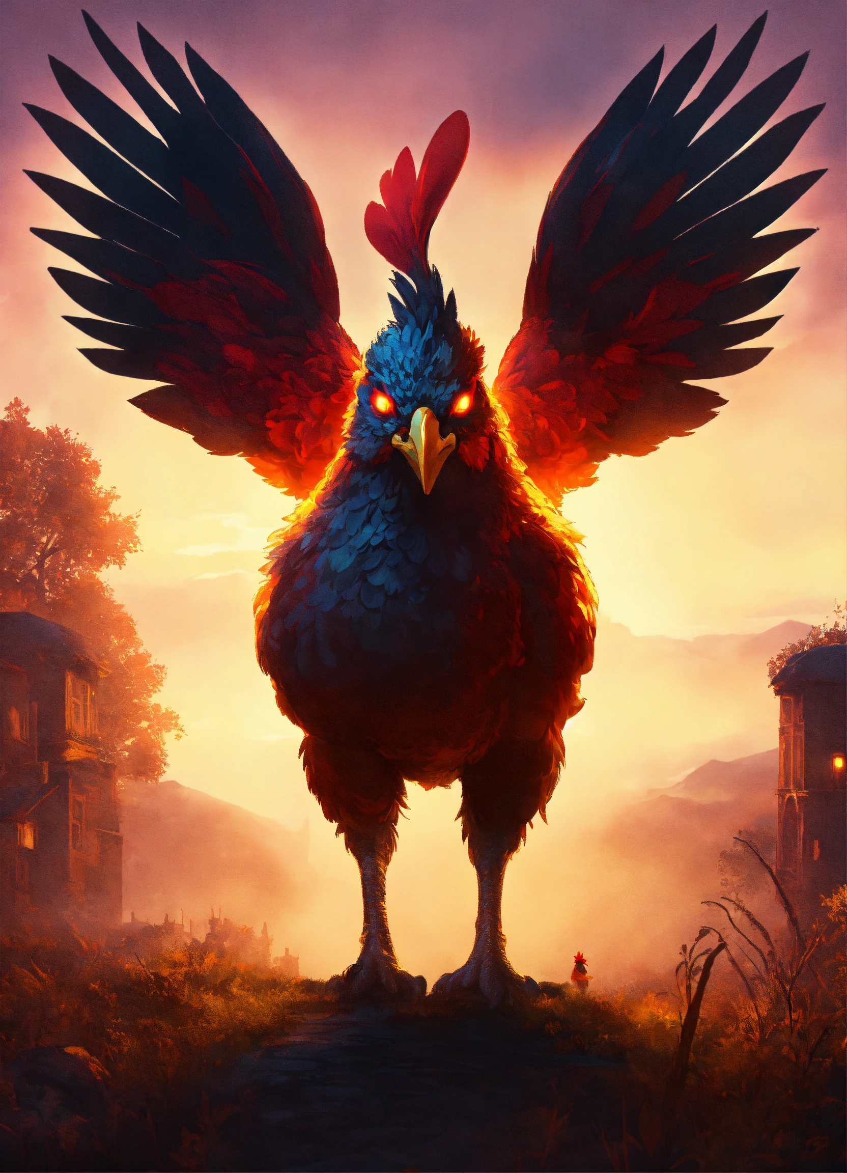 Lexica - A giant chicken the size of a person with red glowing eyes in ...