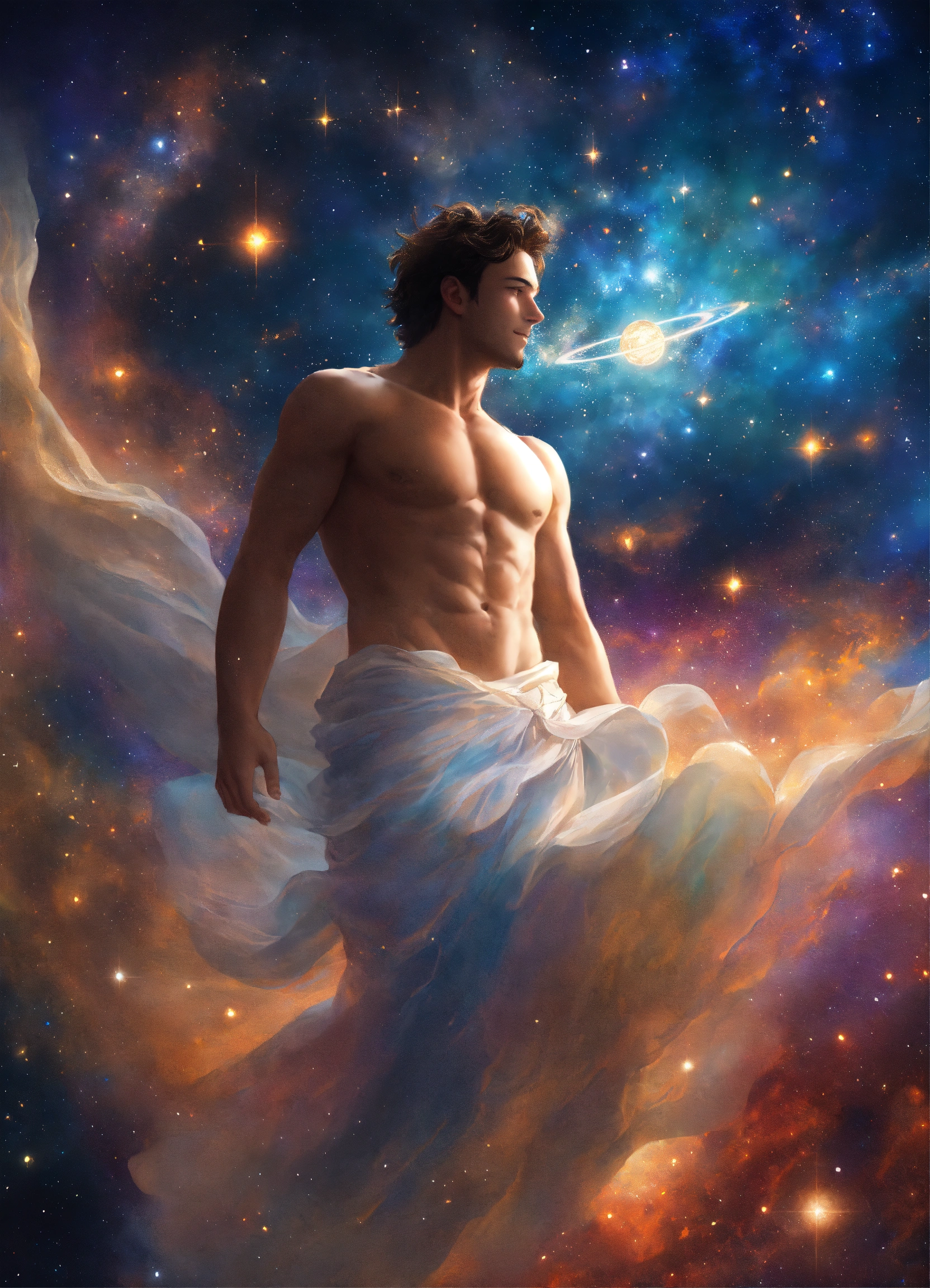 Lexica - "Create an a real image of a joyful and angelic-looking man with a bare torso floating ...