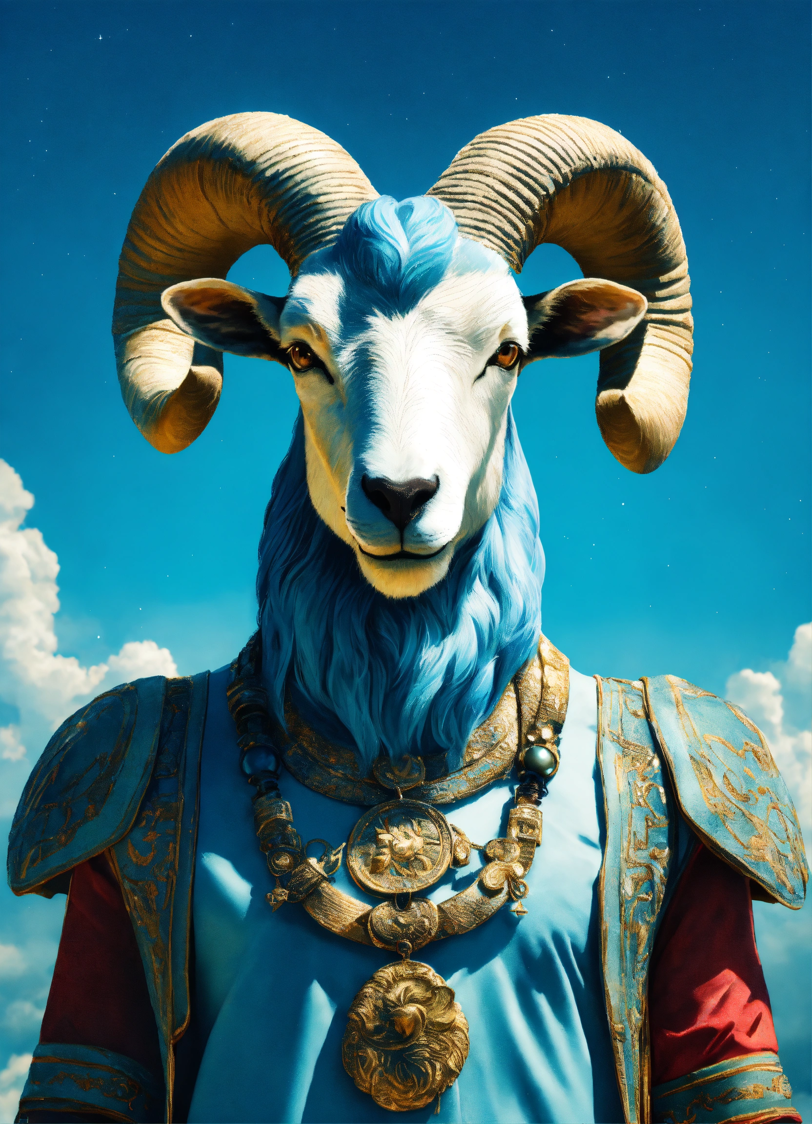 Lexica - Anthropomorphized human photo of aries with sky blue, realistic.