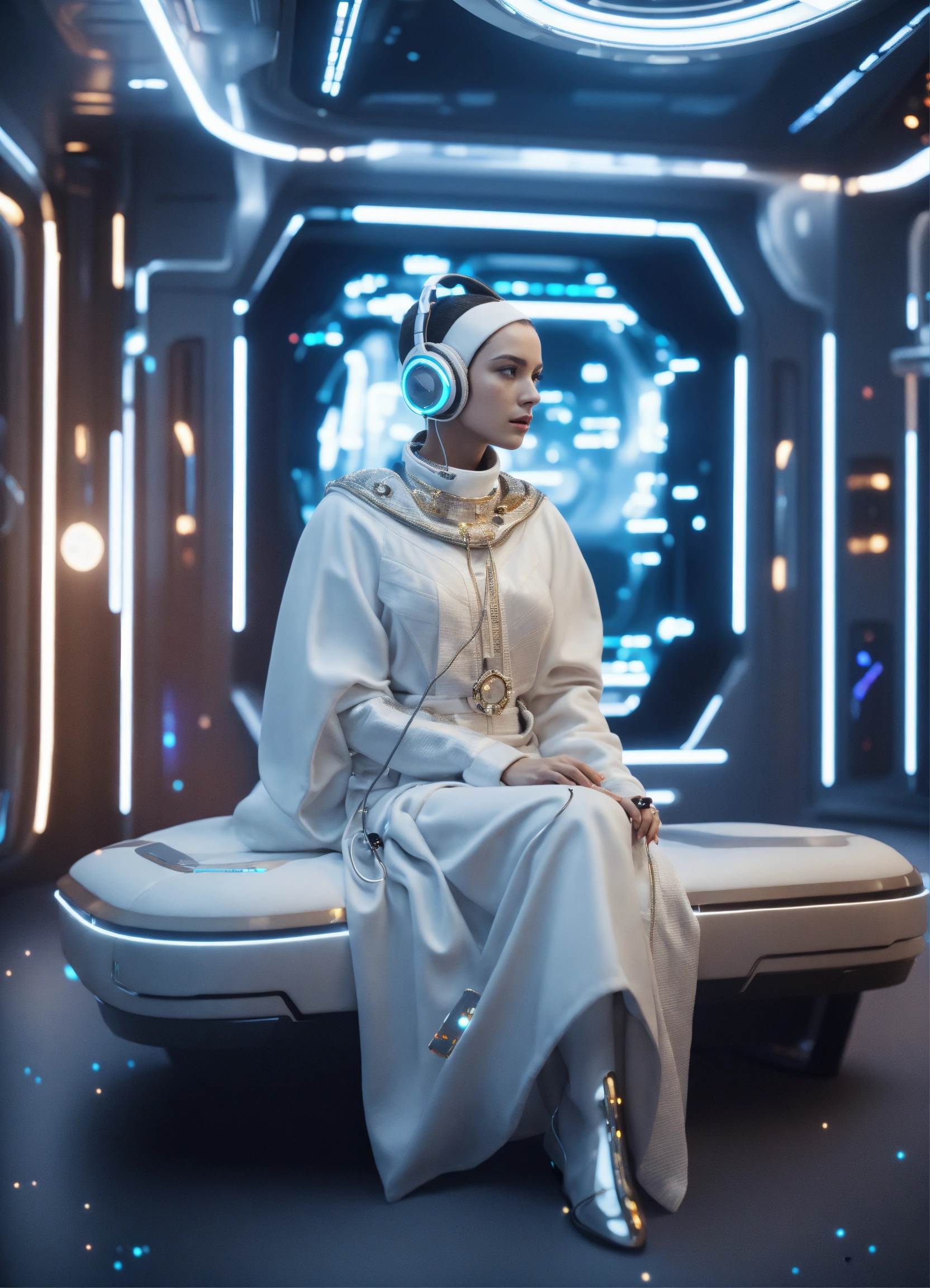 Lexica - Zoom out from a white humanoid, wearing a fancy space robe ...