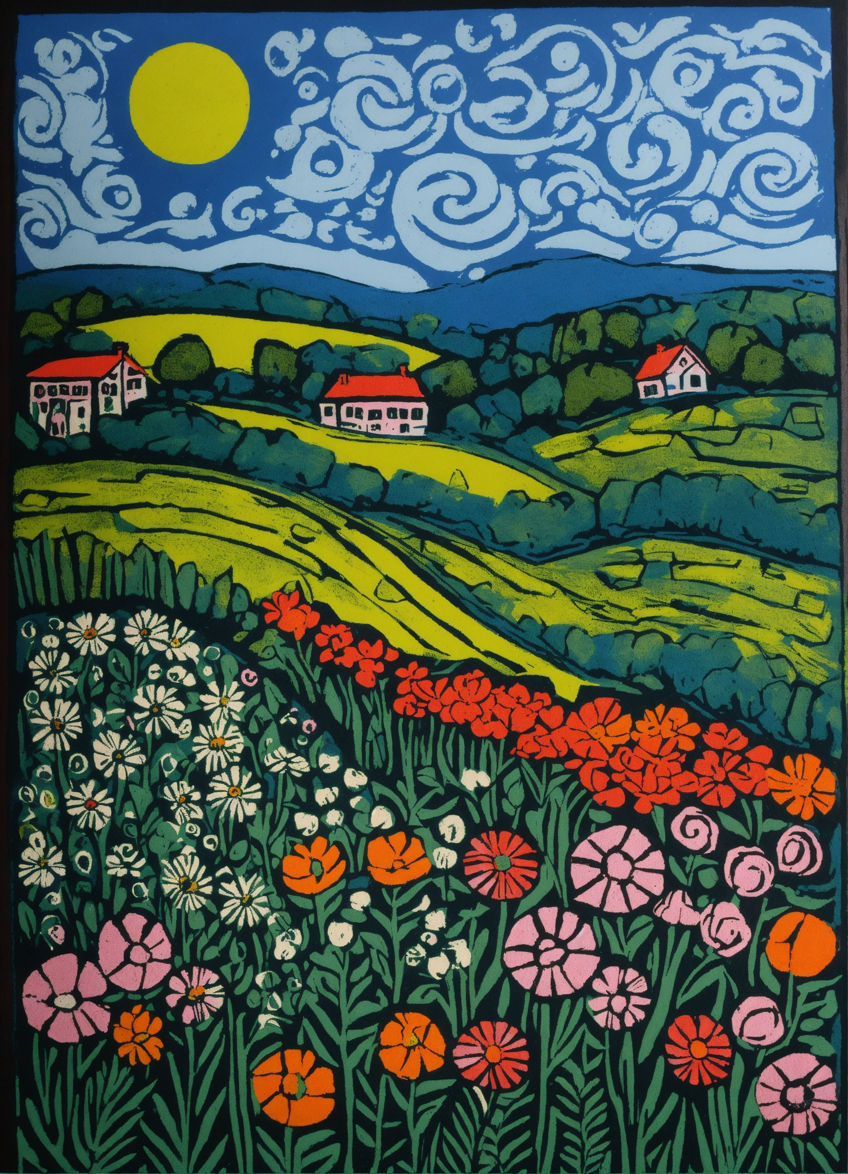 Lexica - Linocut art drawing little flowers scene folk art style ...
