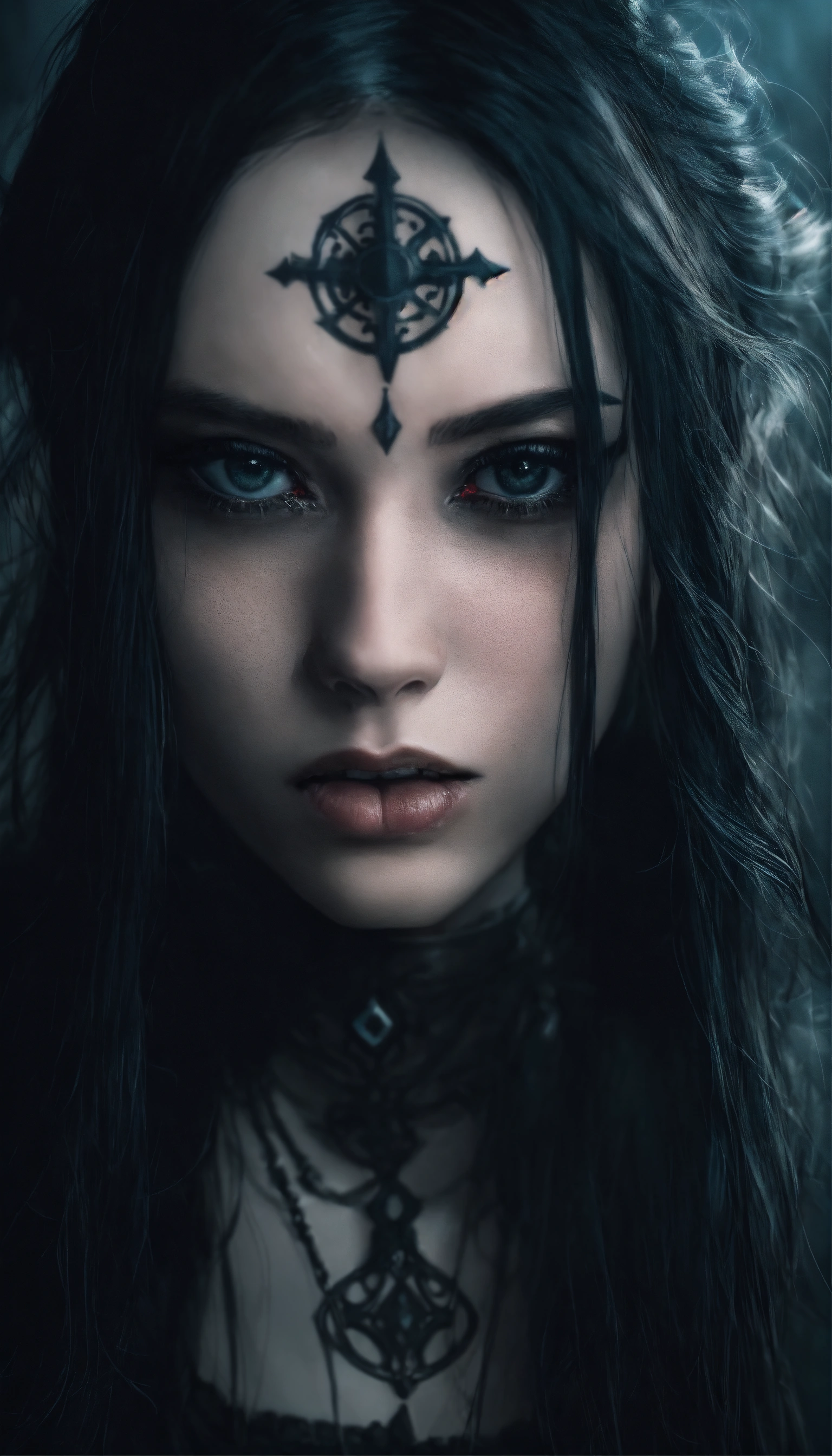 Lexica - A scary girl, close up face, pale skin, long crazy black hair ...