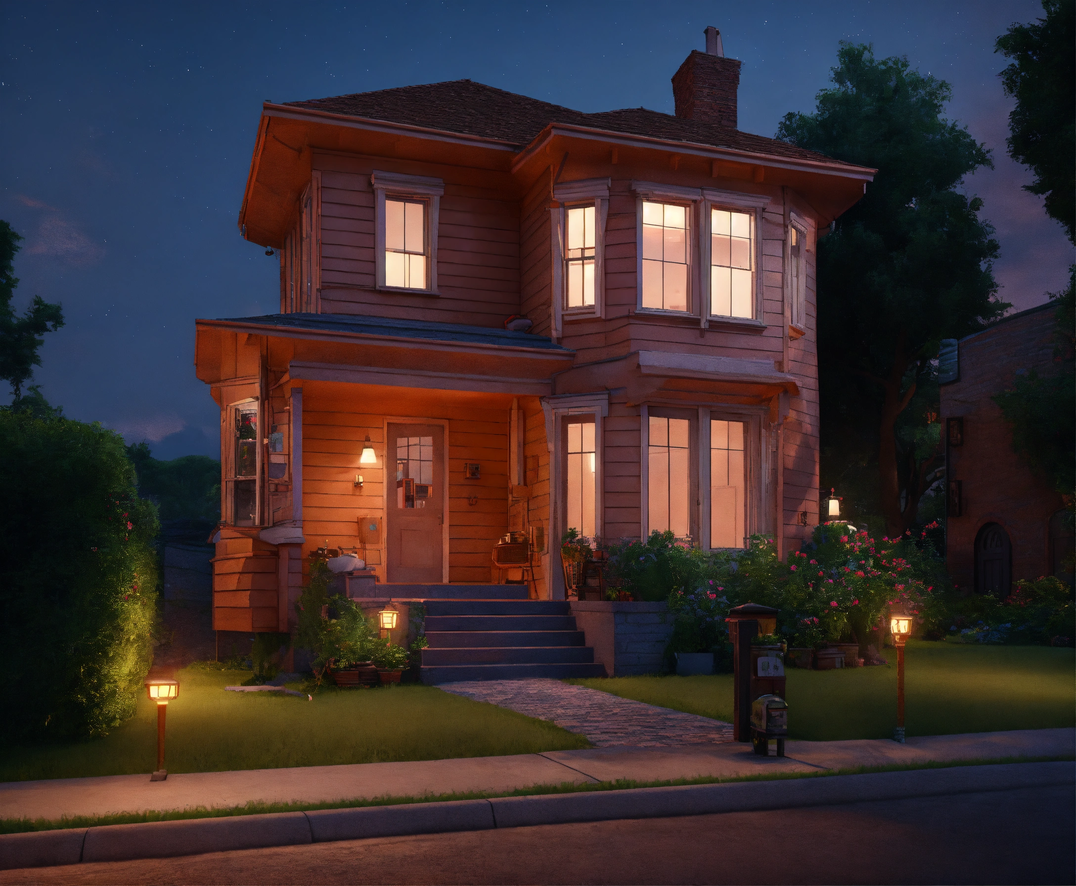 Lexica - CGI. 3D Pixar house exterior. 1980's. nighttime sky. Wes ...