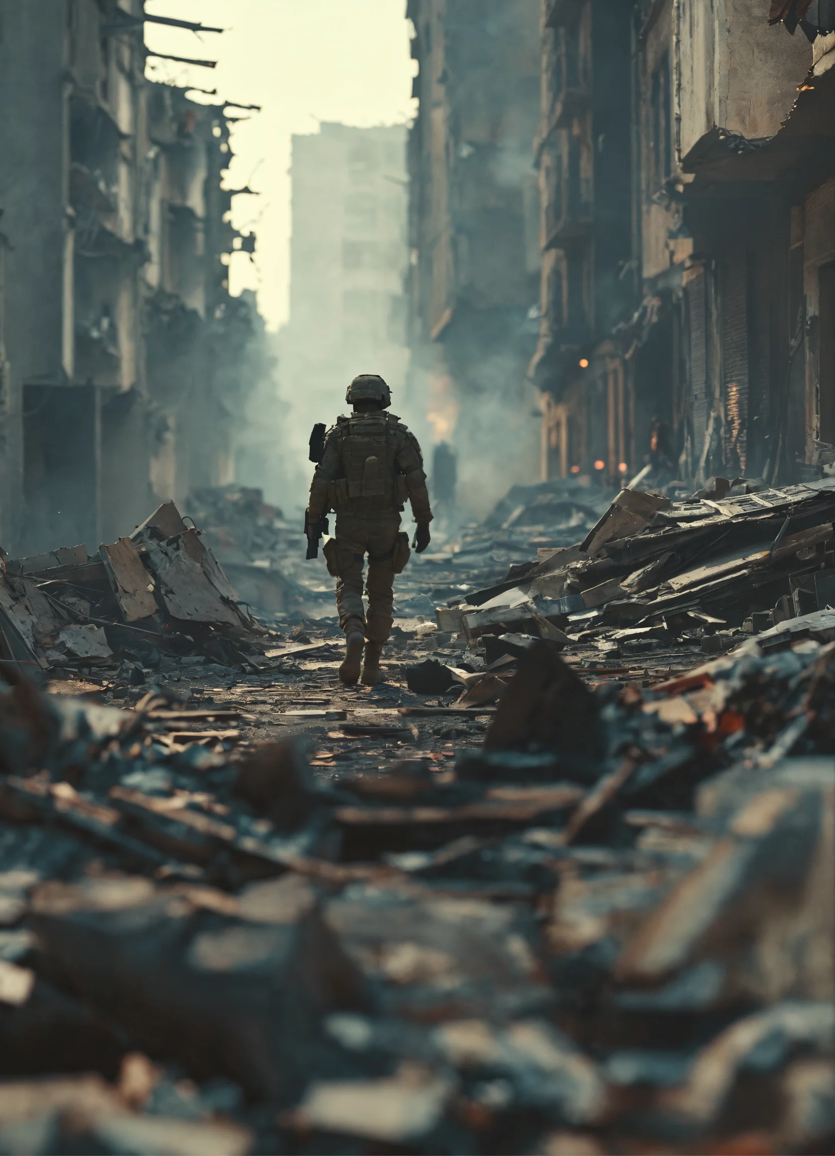 Lexica - Faceless Soldier walking in destroyed city, anamorphotischem ...
