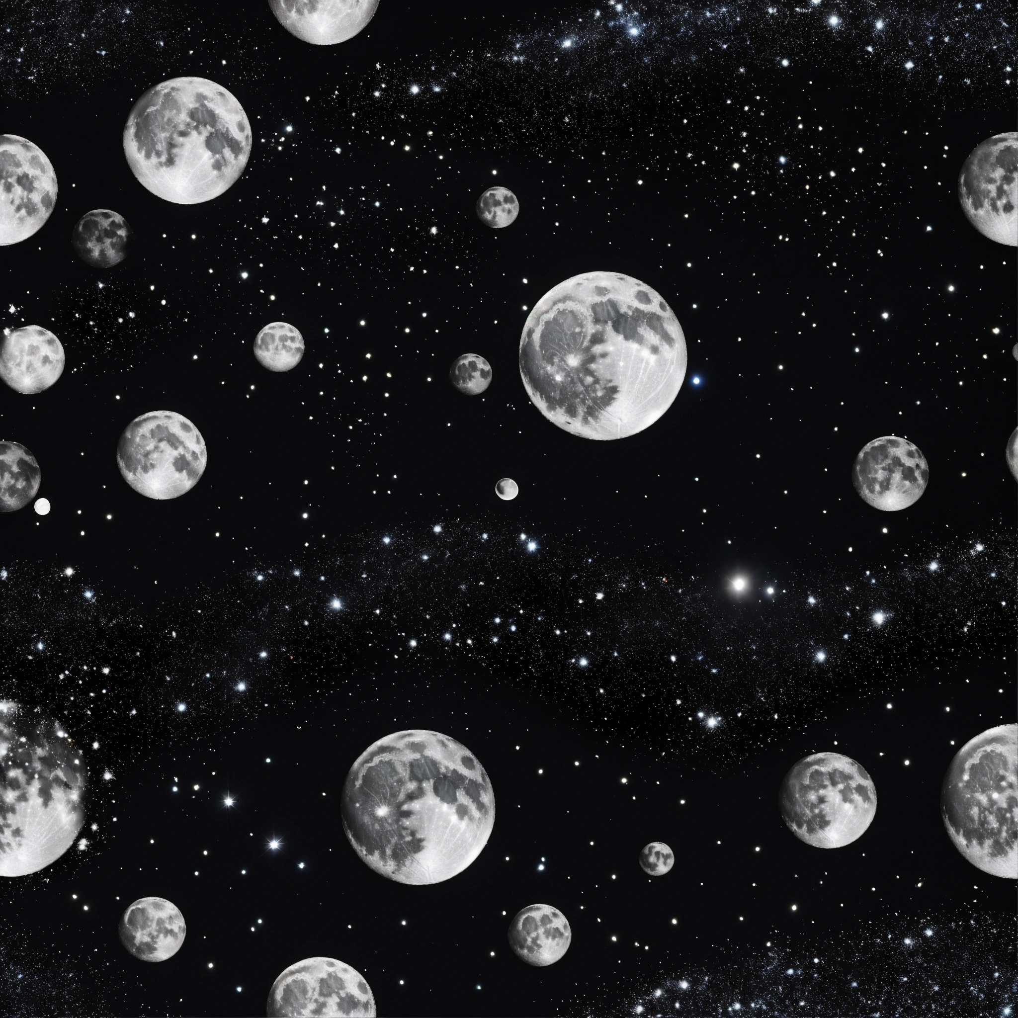 Lexica - Pure black background, overlay of shimmering silver moons top ...